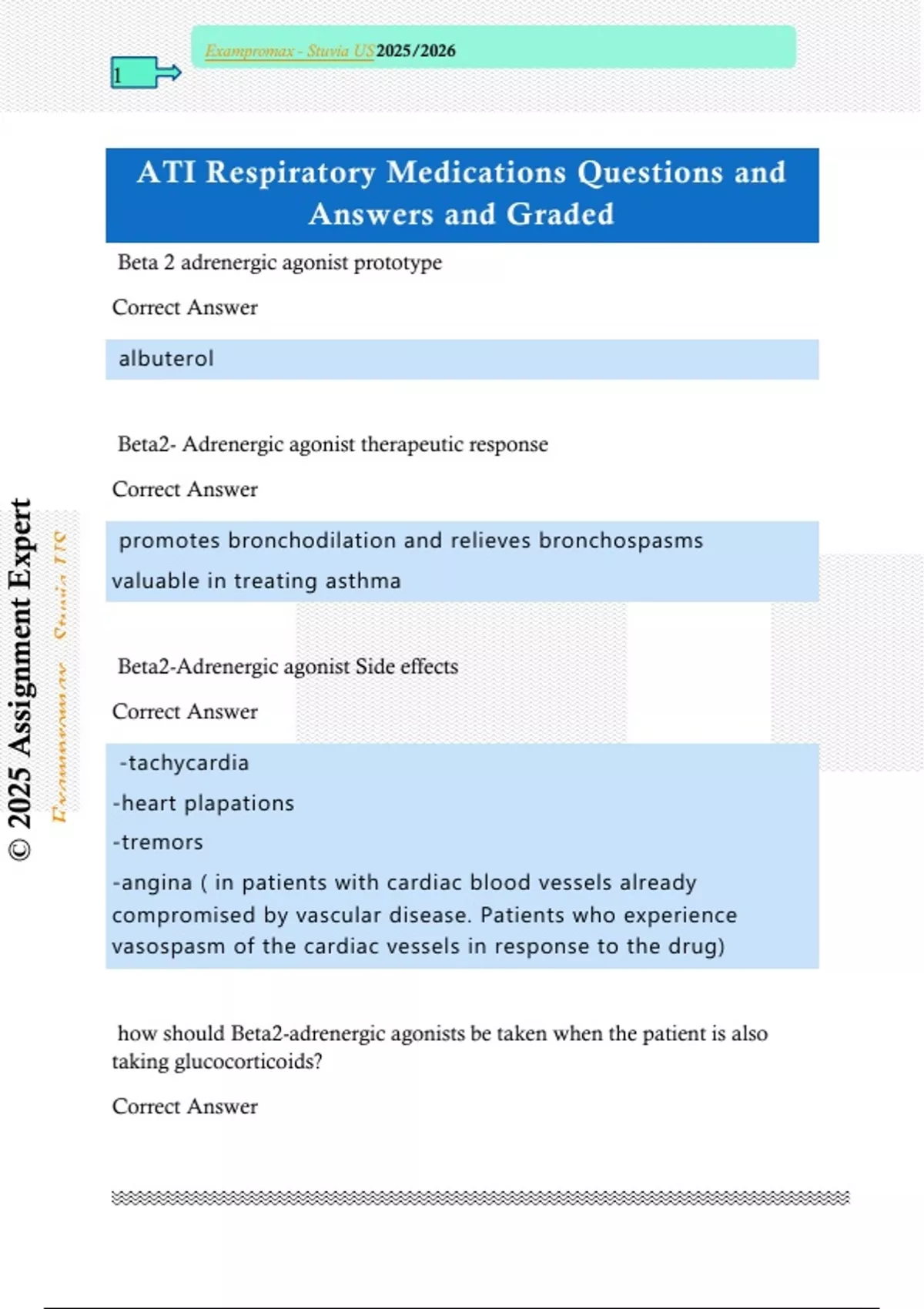 ATI Respiratory Medications Questions and Answers and Graded - ATI ...