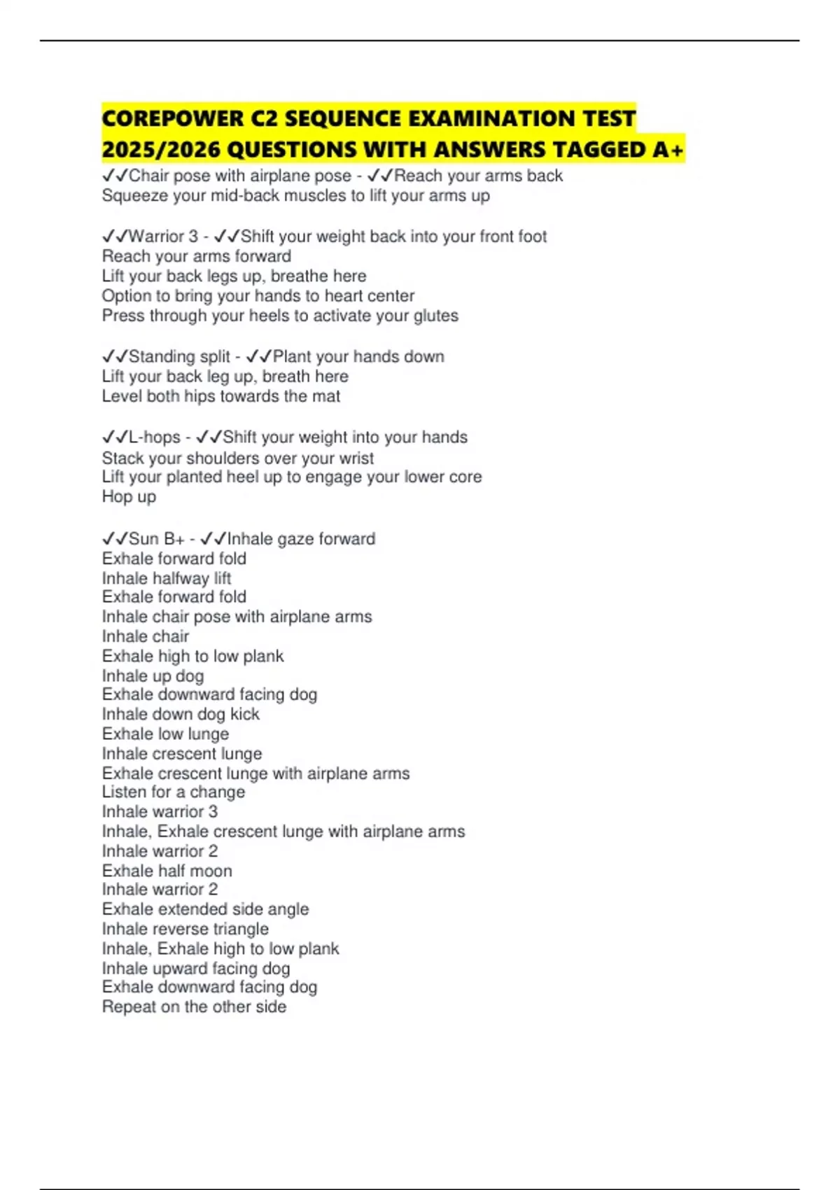 COREPOWER C2 SEQUENCE EXAMINATION TEST 2025/2026 QUESTIONS WITH ANSWERS ...