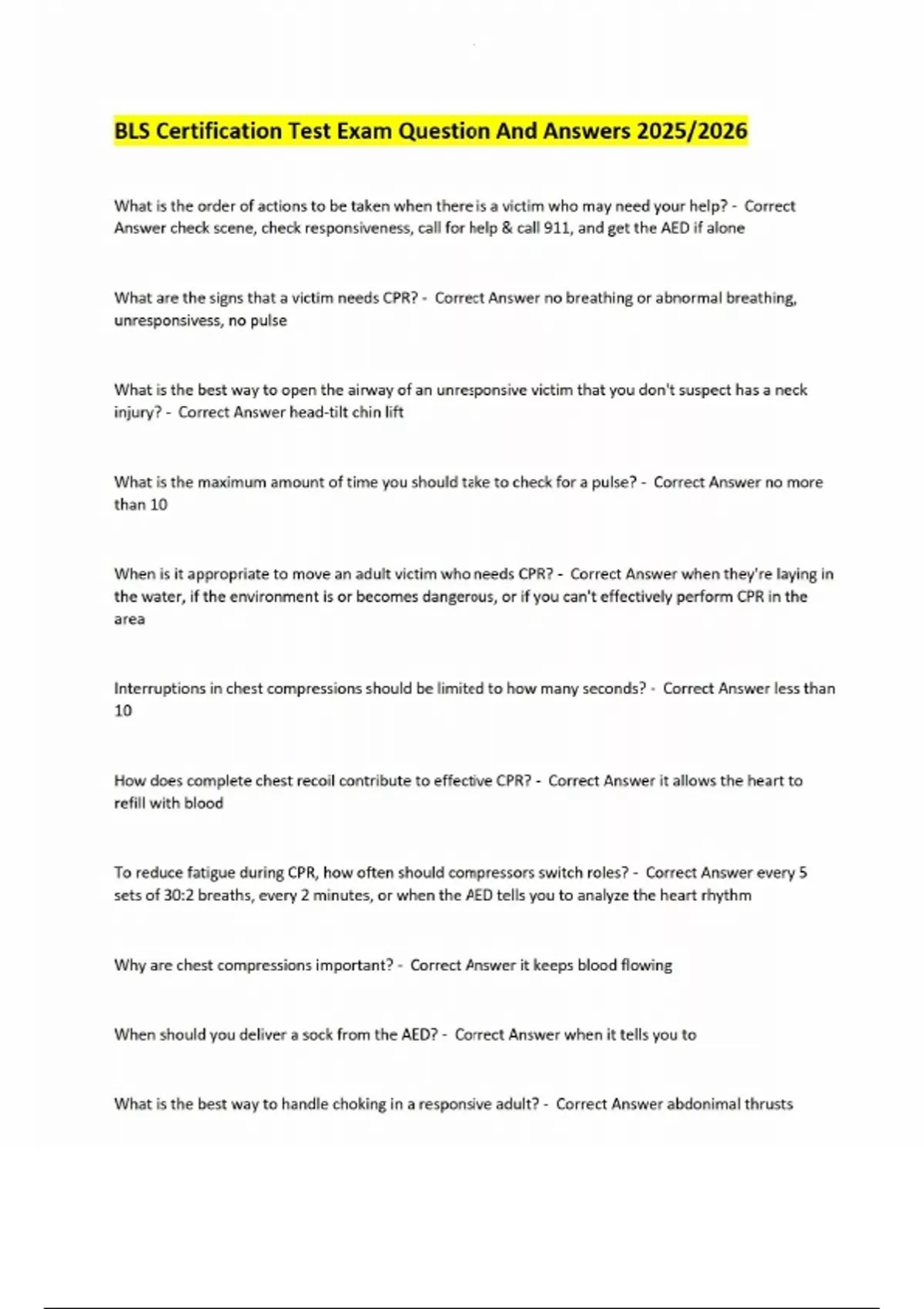 BLS Certification Test Exam Question And Answers 2025/2026 - Basic Life ...