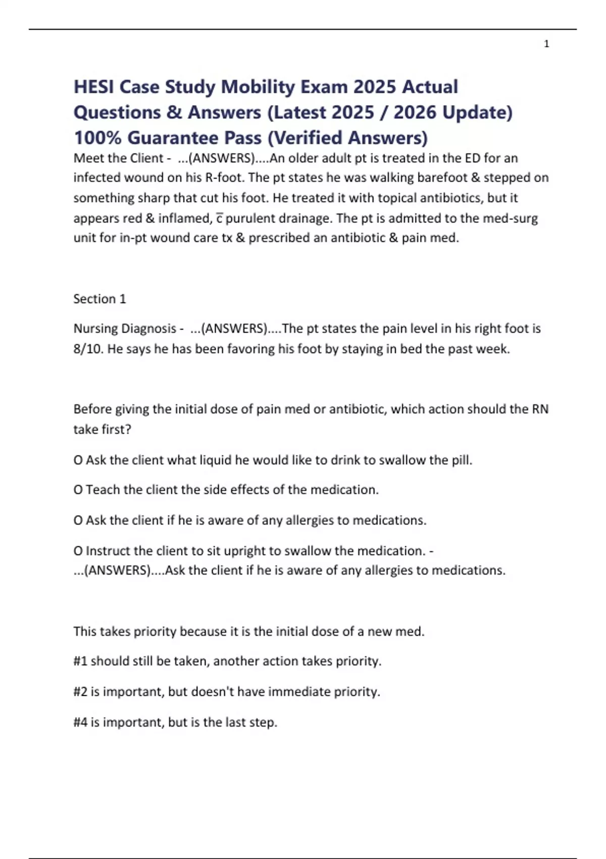 HESI Case Study Mobility Exam 2025 Actual Questions & Answers (Latest ...