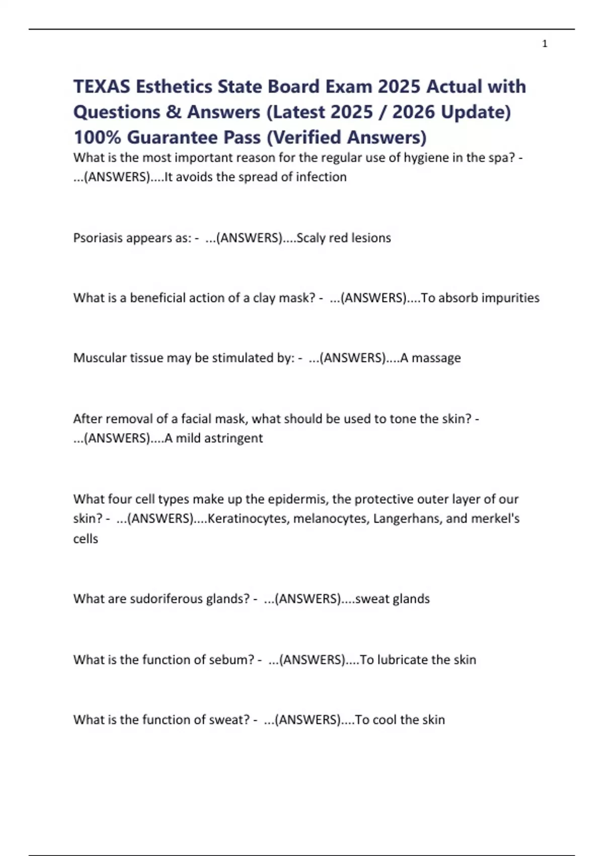 TEXAS Esthetics State Board Exam 2025 Actual with Questions & Answers ...