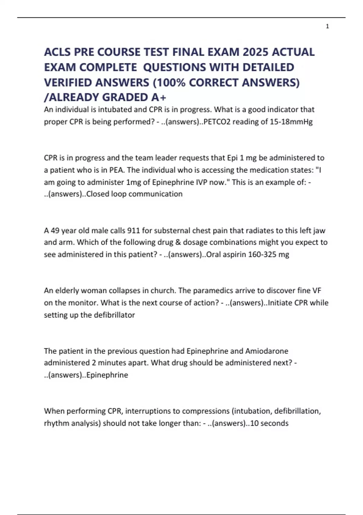 ACLS PRE COURSE TEST FINAL EXAM 2025 ACTUAL EXAM COMPLETE QUESTIONS ...