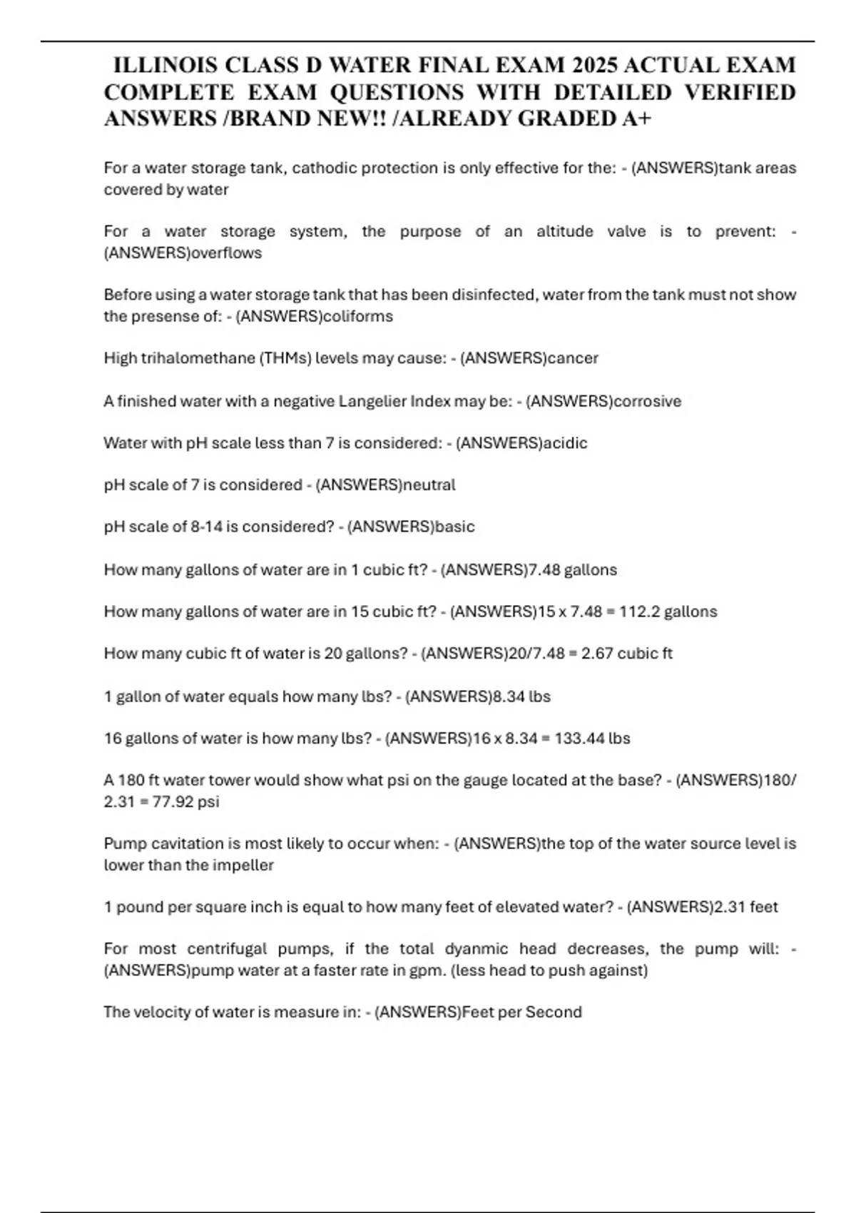 ILLINOIS CLASS D WATER FINAL EXAM 2025 ACTUAL EXAM COMPLETE EXAM ...