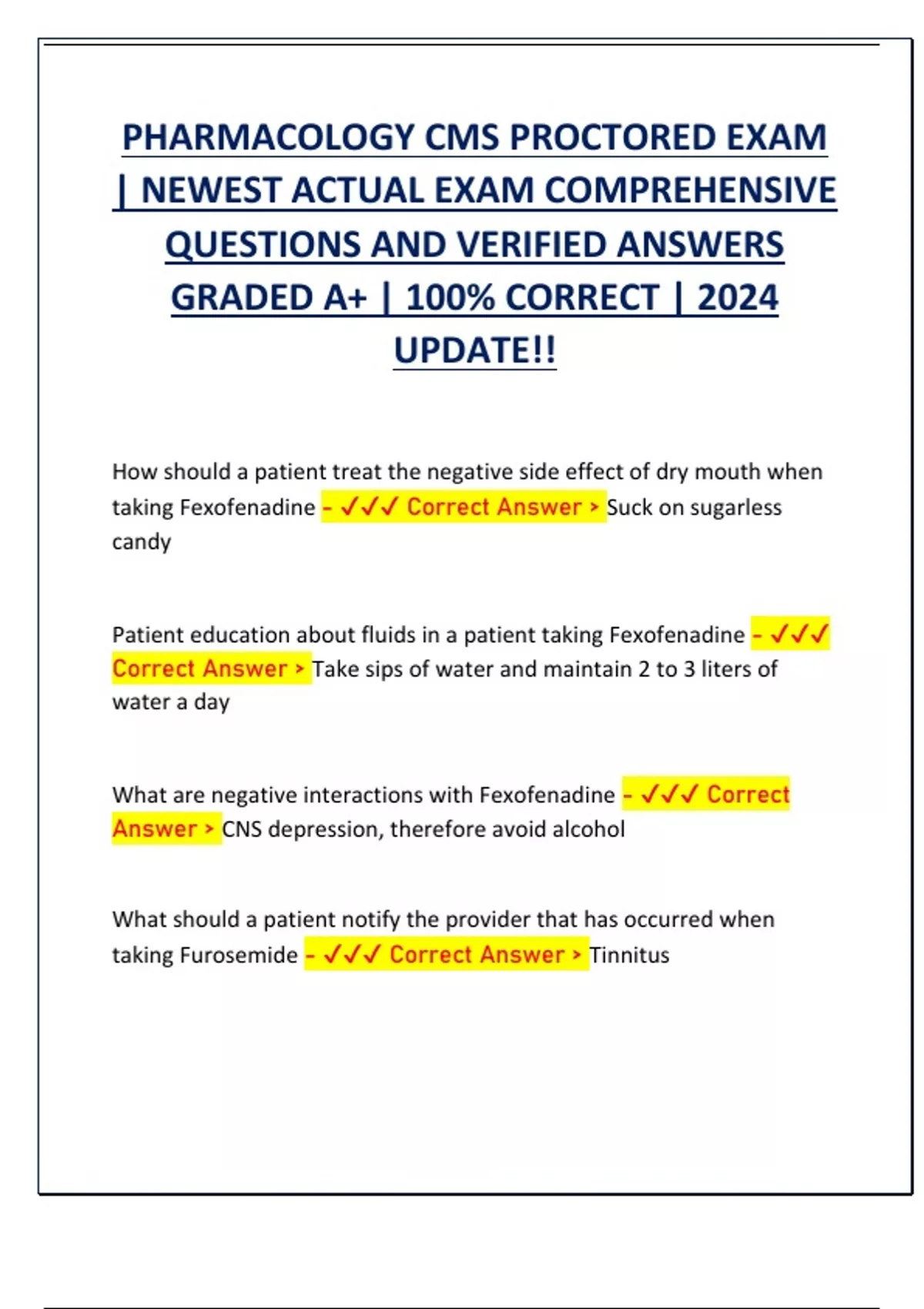 PHARMACOLOGY CMS PROCTORED EXAM | NEWEST ACTUAL EXAM COMPREHENSIVE ...