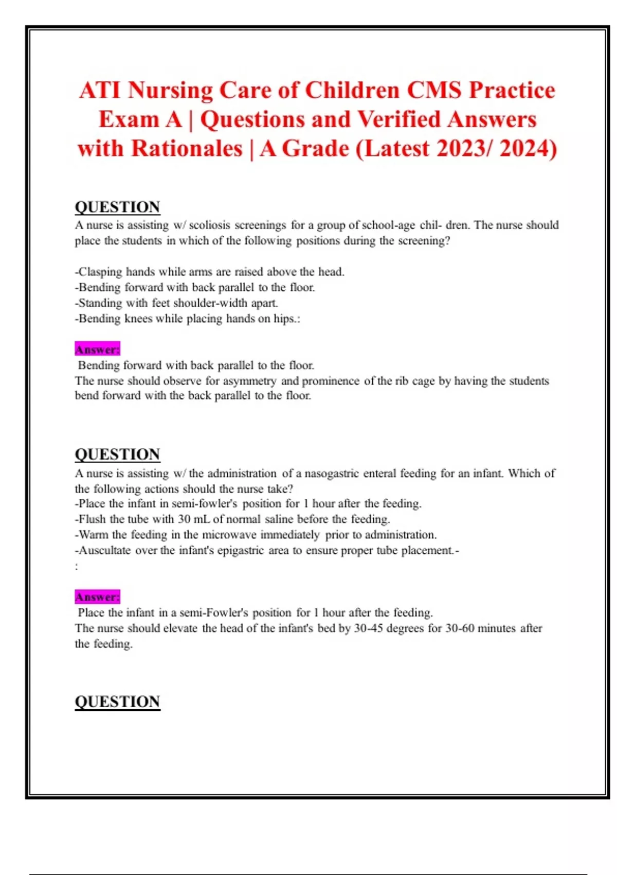 ATI Nursing Care of Children CMS Practice Exam A | Questions and ...