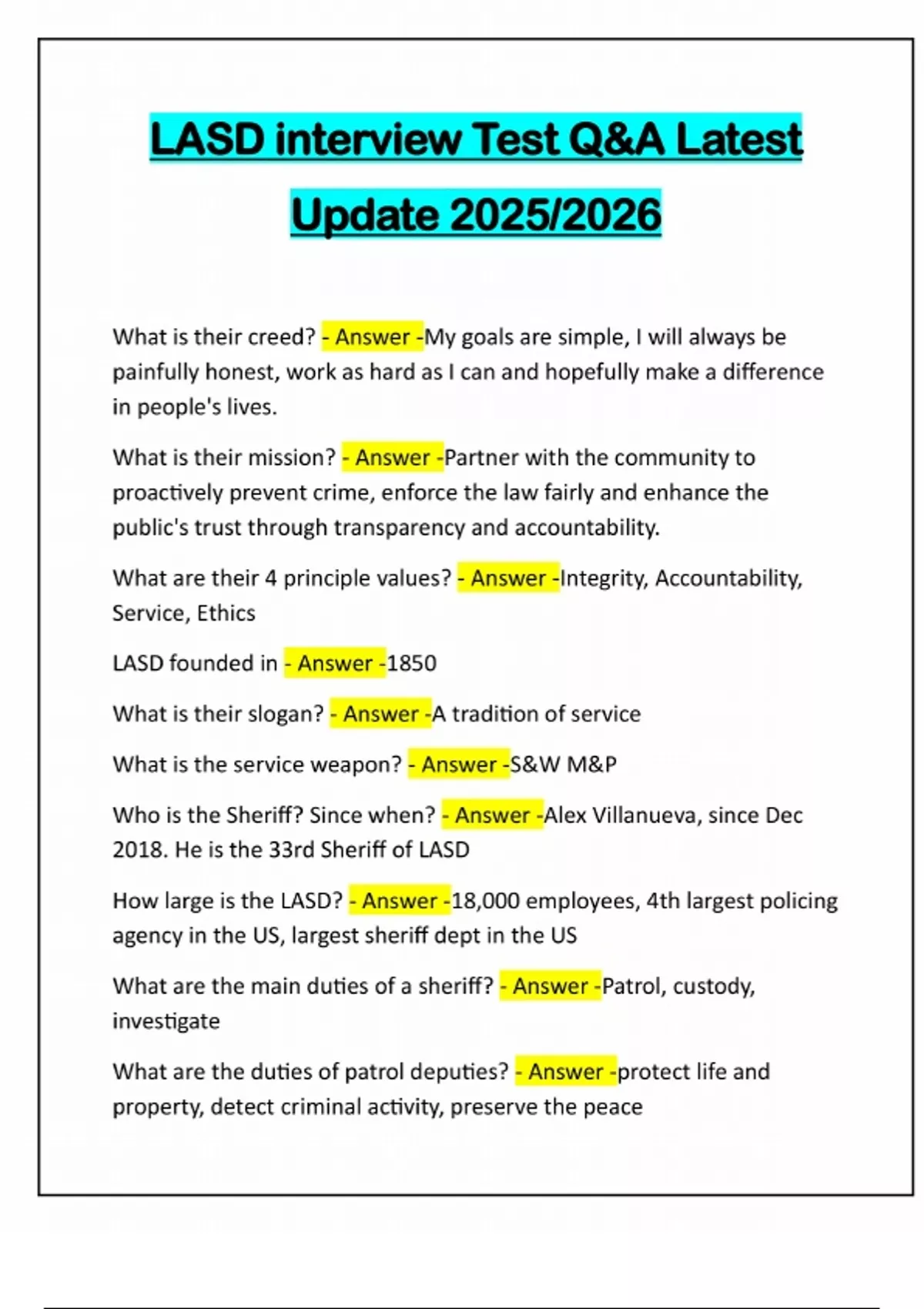 LASD interview Test Q&A Latest Update 2025/2026 - LASD Sgt - Stuvia US