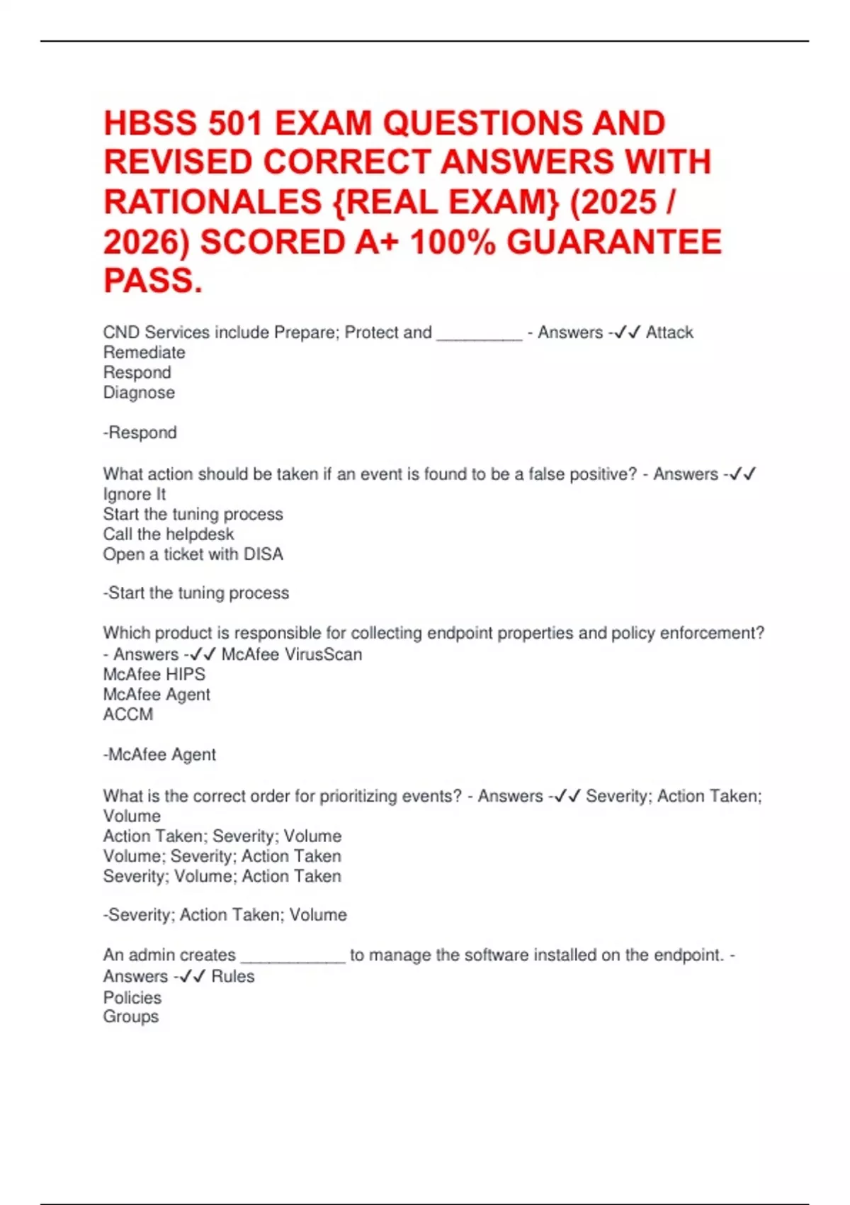 HBSS 501 EXAM QUESTIONS AND REVISED CORRECT ANSWERS WITH RATIONALES ...