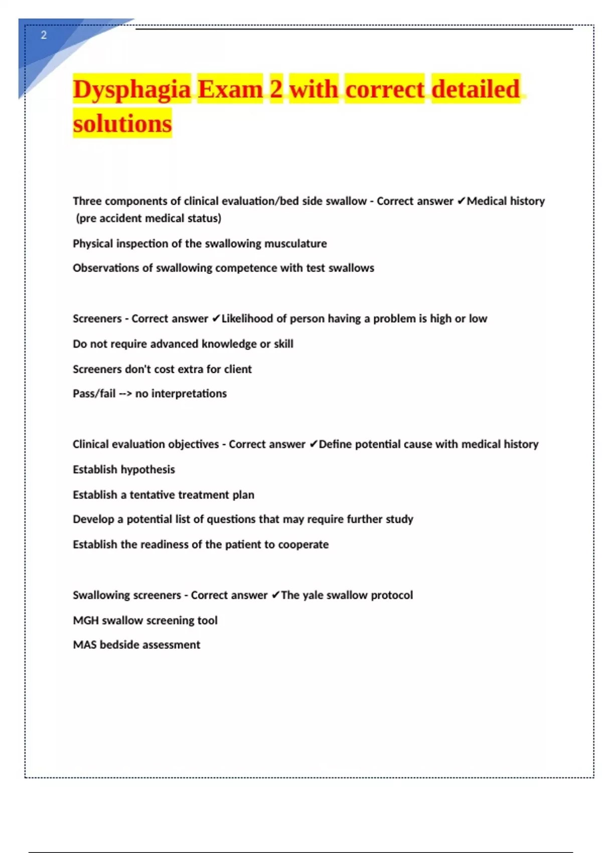 Dysphagia Exam 2 with correct detailed solutions - Dysphagia - Stuvia US