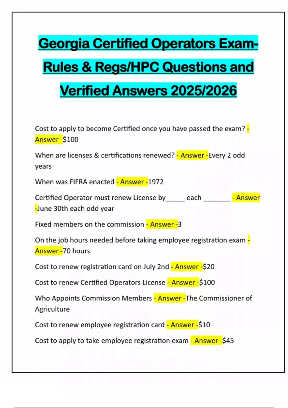 Georgia Certified Operators ExamRules & Regs/HPC Questions and Verified ...