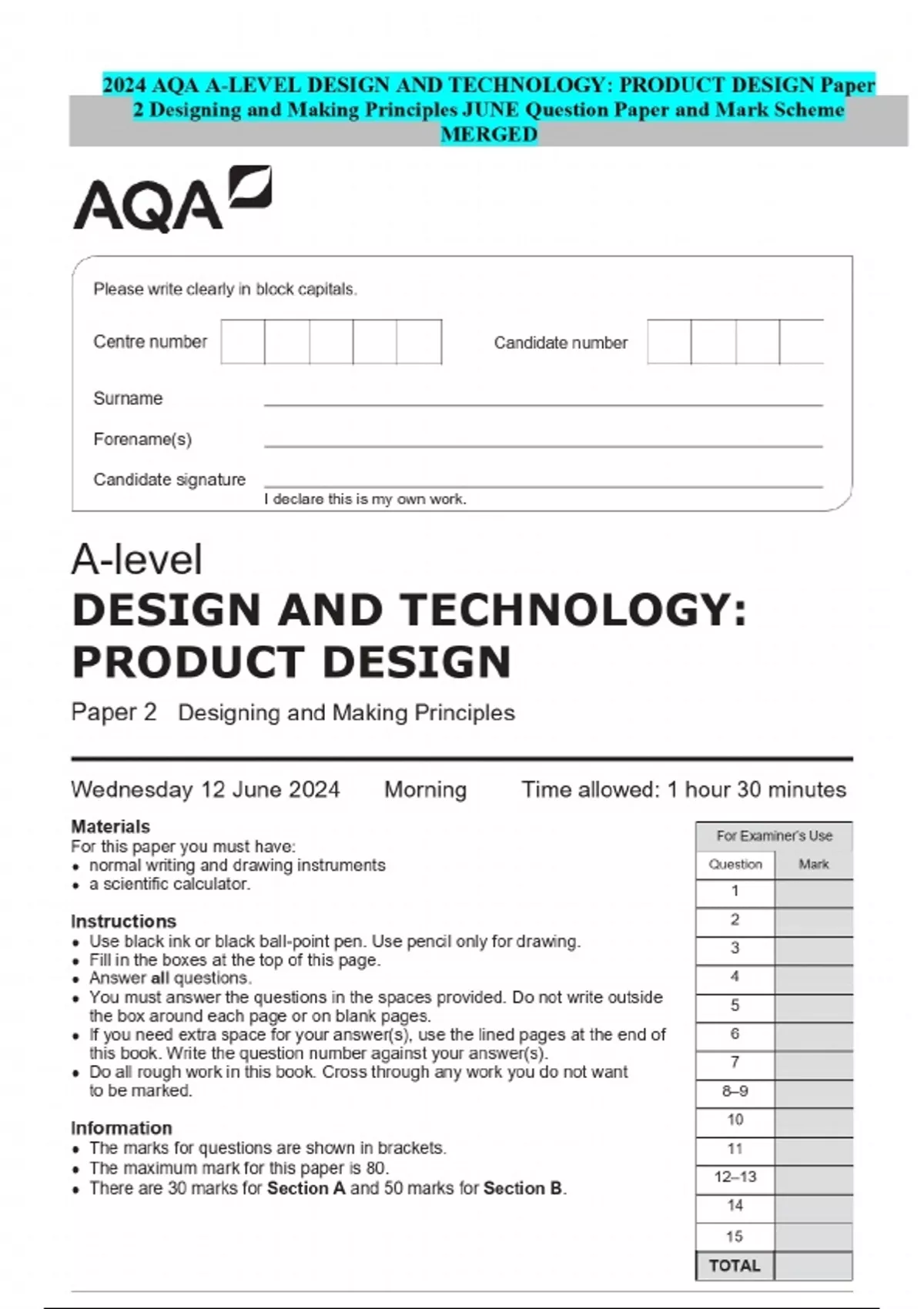 2024 AQA A-LEVEL DESIGN AND TECHNOLOGY: PRODUCT DESIGN Paper 2 ...