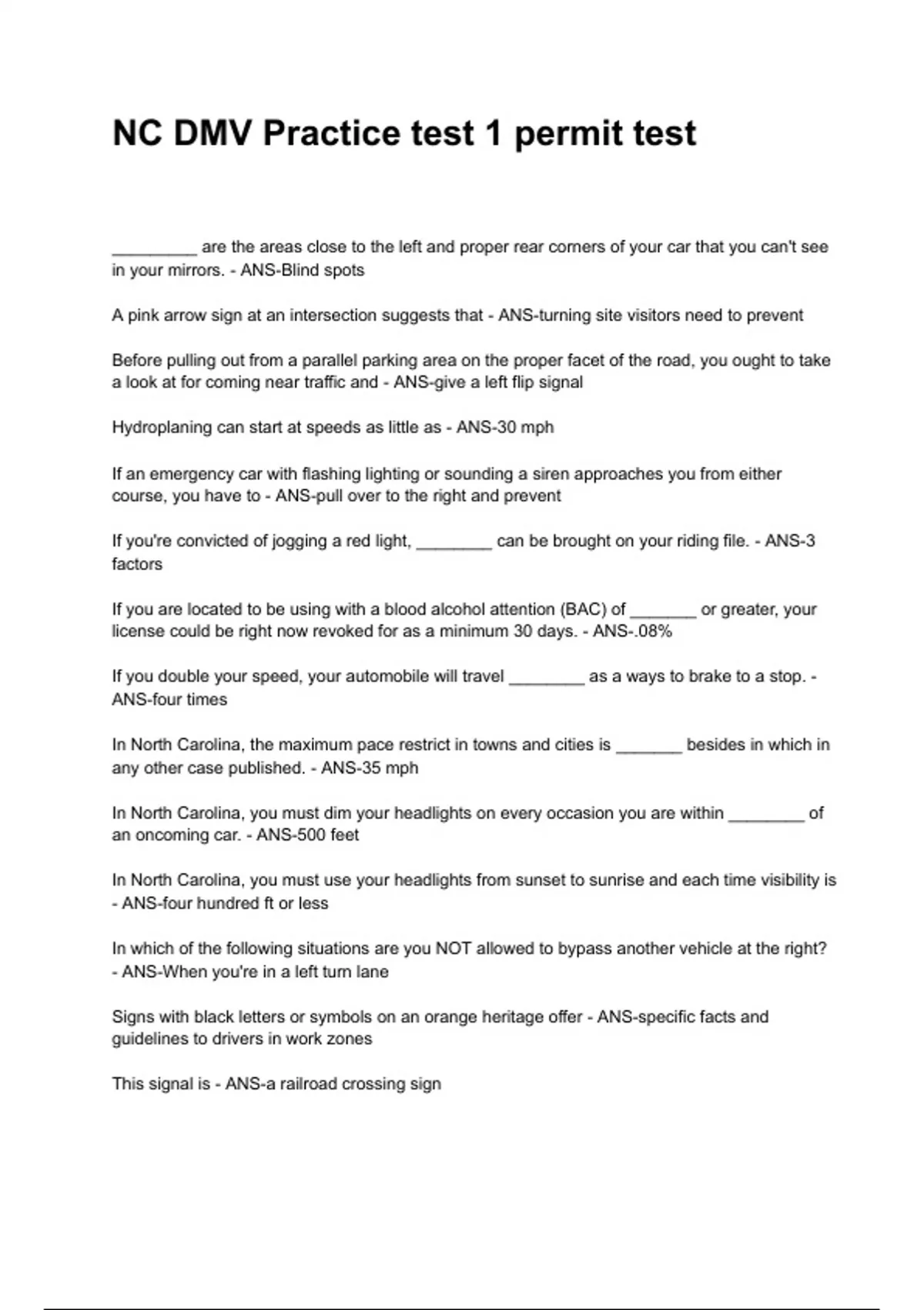 NC DMV Practice test 1 permit test NEWEST 2025/2026 ACTUAL COMPLETE ...