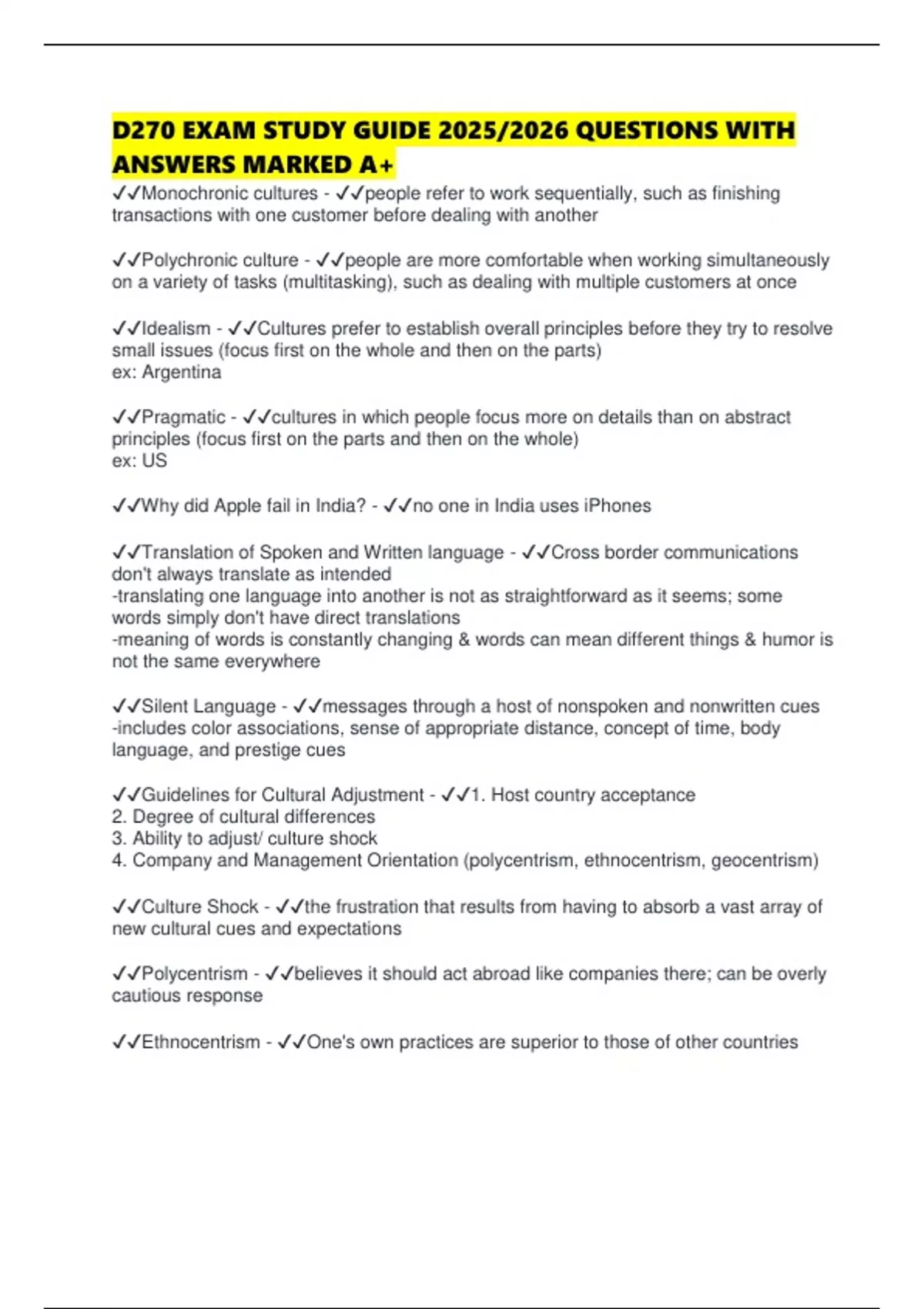 D270 EXAM STUDY GUIDE 2025/2026 QUESTIONS WITH ANSWERS MARKED A+ - D270 ...