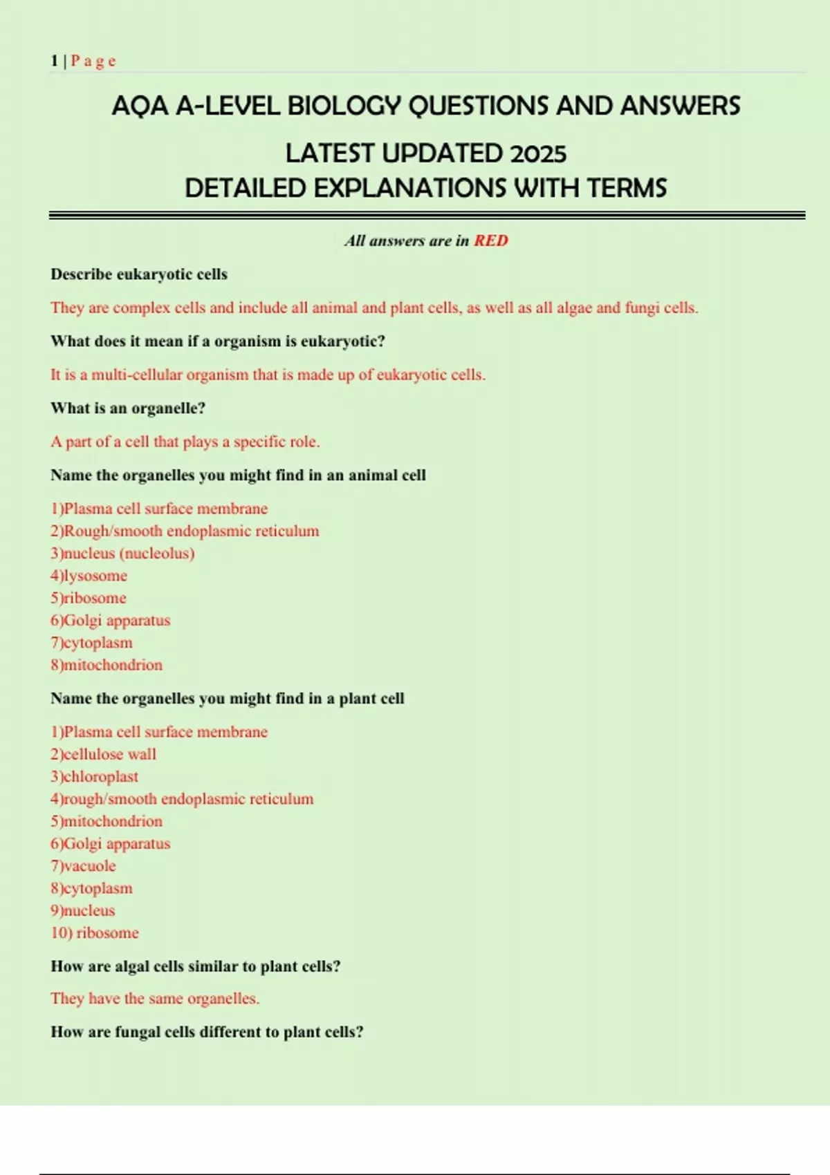 AQA A-LEVEL BIOLOGY QUESTIONS AND ANSWERS LATEST UPDATED 2025 DETAILED ...