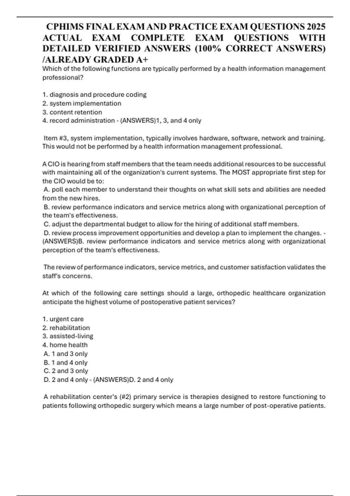 CPHIMS FINAL EXAM AND PRACTICE EXAM QUESTIONS 2025 ACTUAL EXAM COMPLETE EXAM QUESTIONS WITH ...