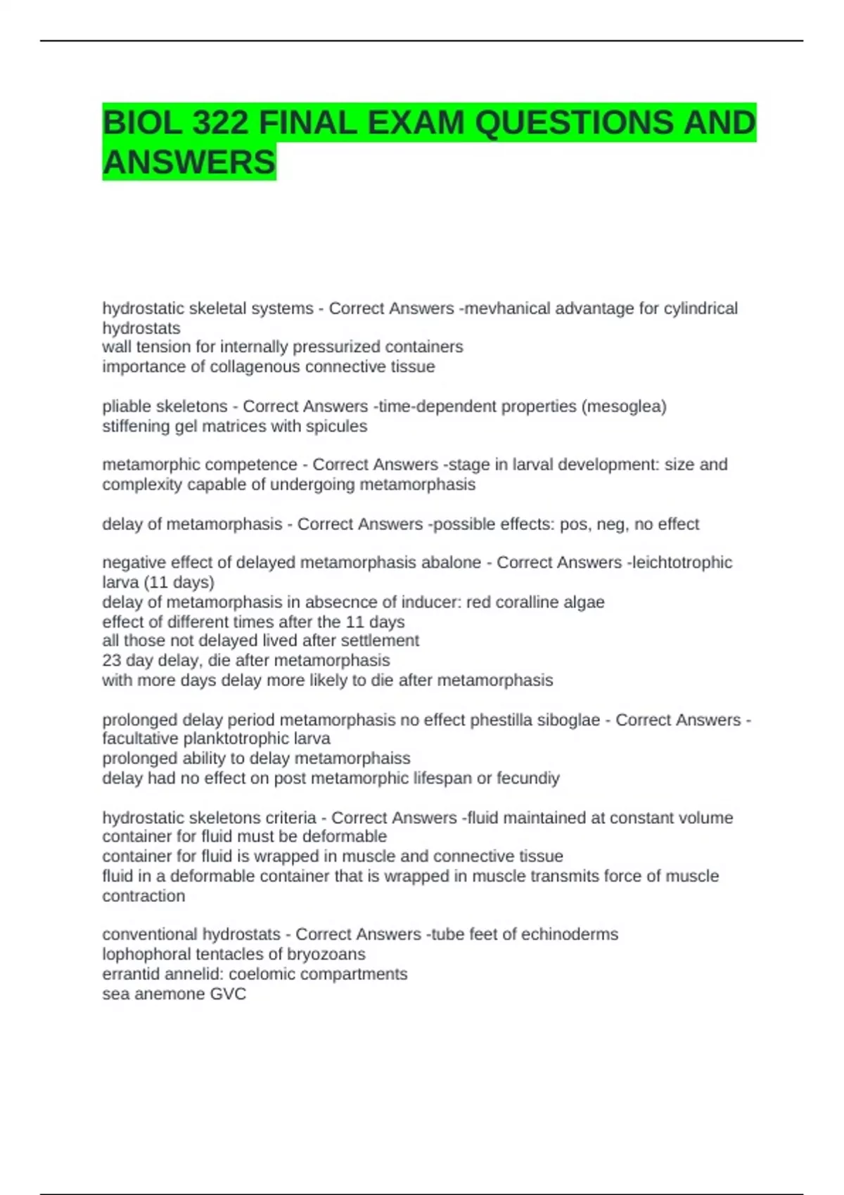 BIOL 322 FINAL EXAM QUESTIONS AND ANSWERS - BIO-322 - Stuvia US