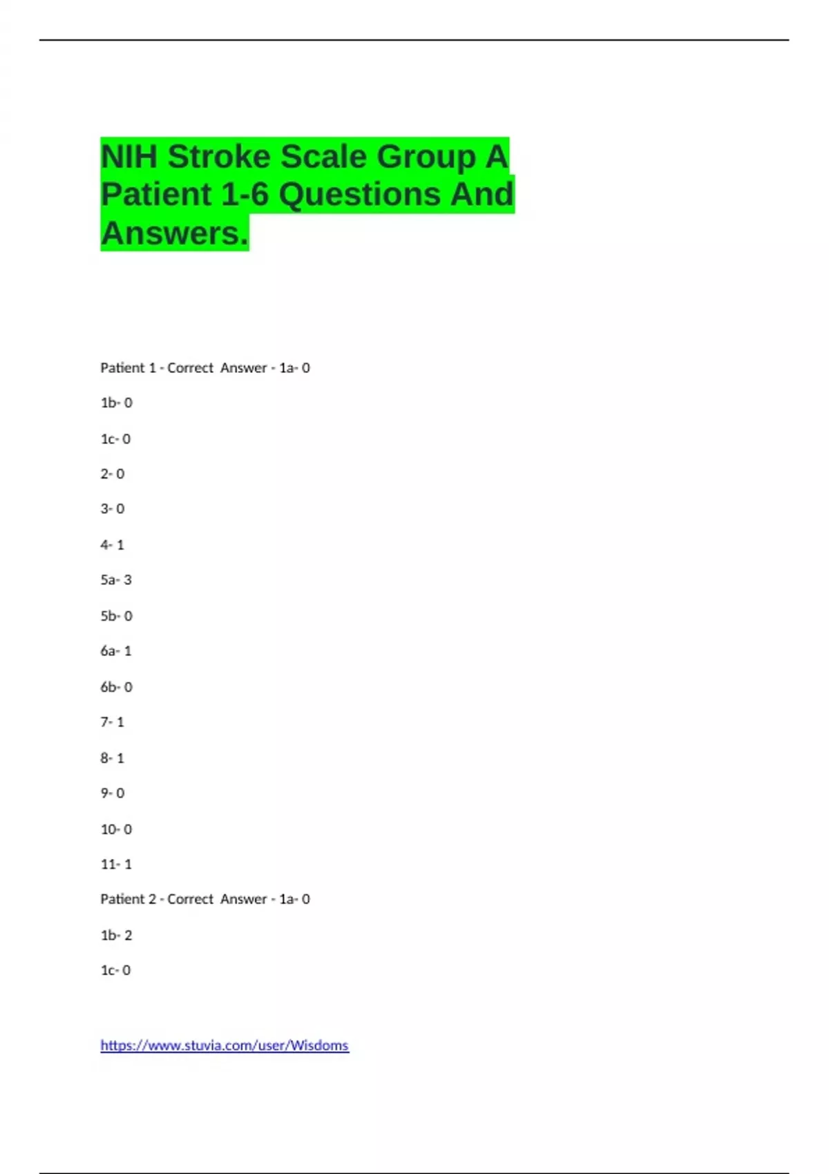 NIH Stroke Scale Group A Patient 1-6 Questions And Answers. - NIH ...