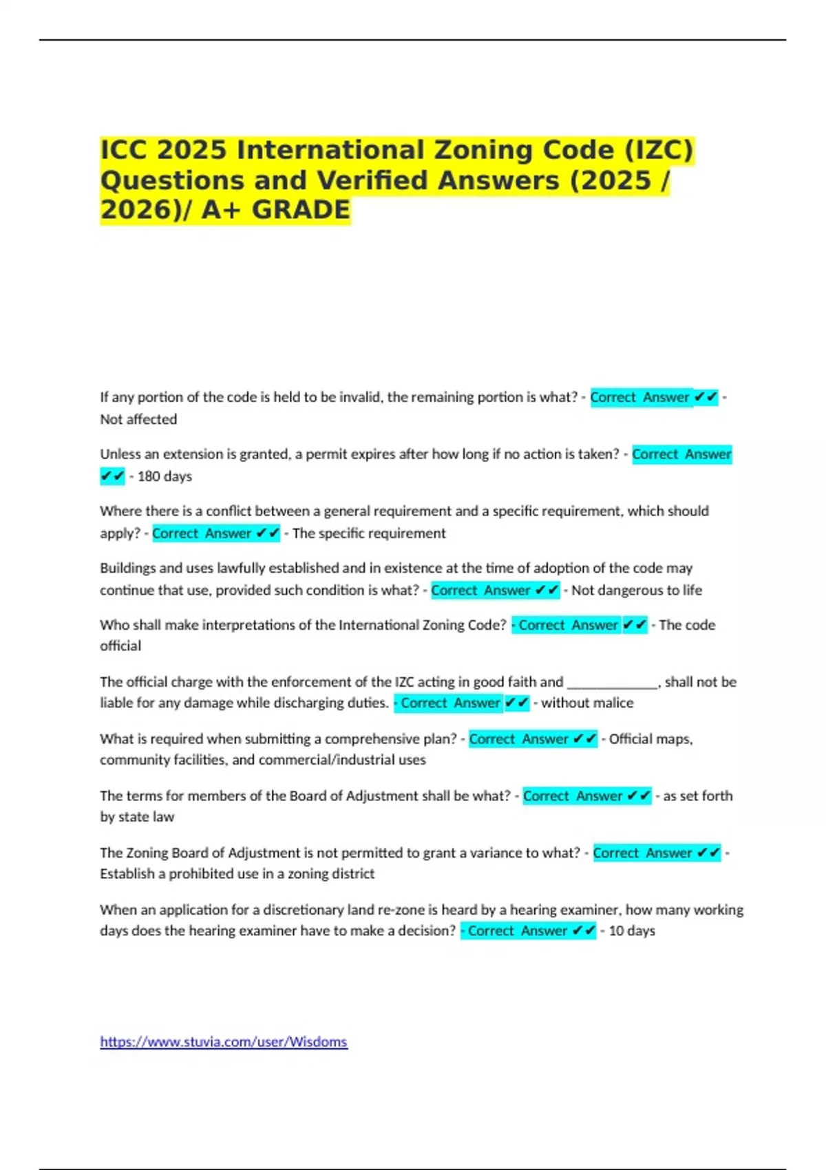 ICC 2025 International Zoning Code (IZC) Questions and Verified Answers (2025 / 2026)/ A+ GRADE ...
