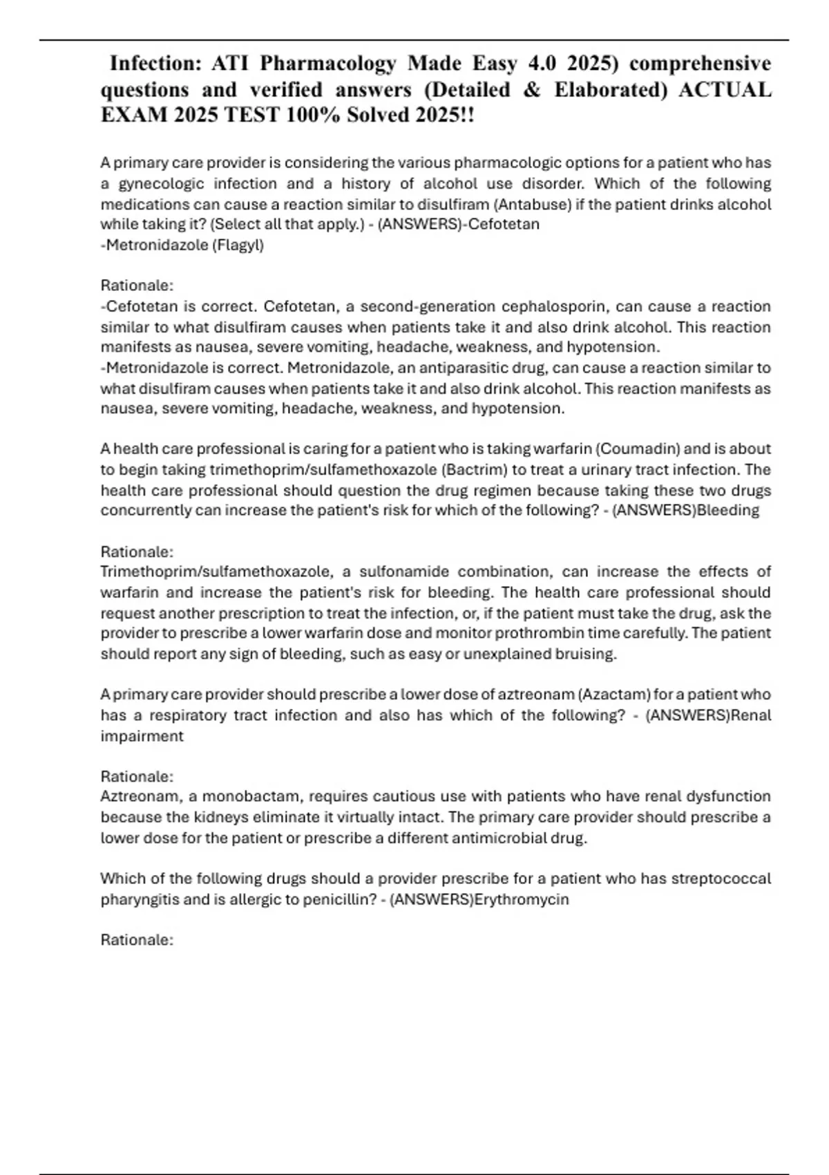 Infection: ATI Pharmacology Made Easy 4.0 2025) comprehensive questions ...