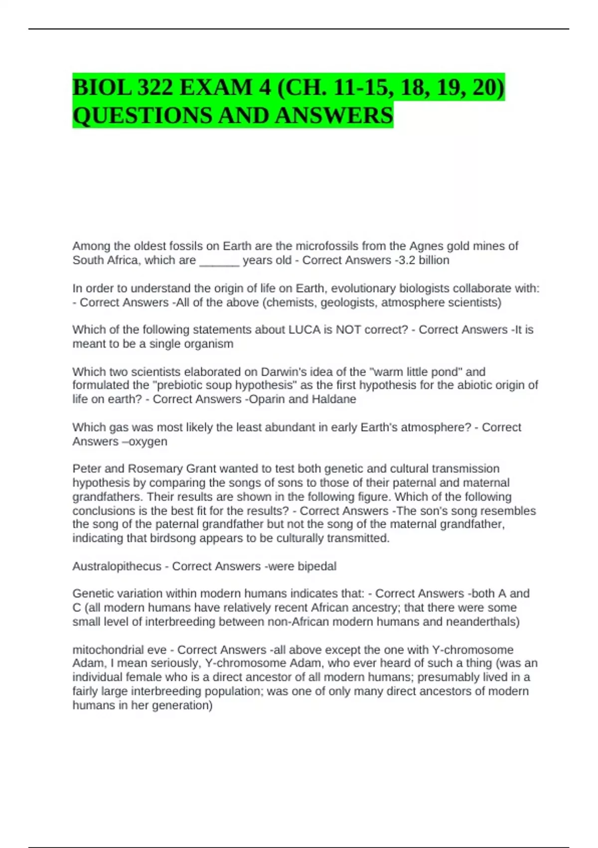 BIOL 322 EXAM 4 (CH. 11-15, 18, 19, 20) QUESTIONS AND ANSWERS - BIO-322 ...