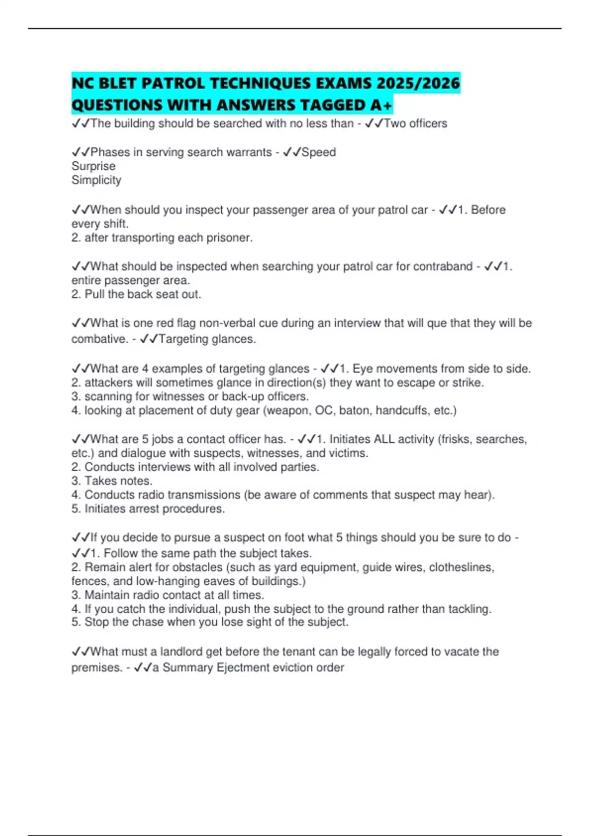 NC BLET PATROL TECHNIQUES EXAMS 2025/2026 QUESTIONS WITH ANSWERS TAGGED ...