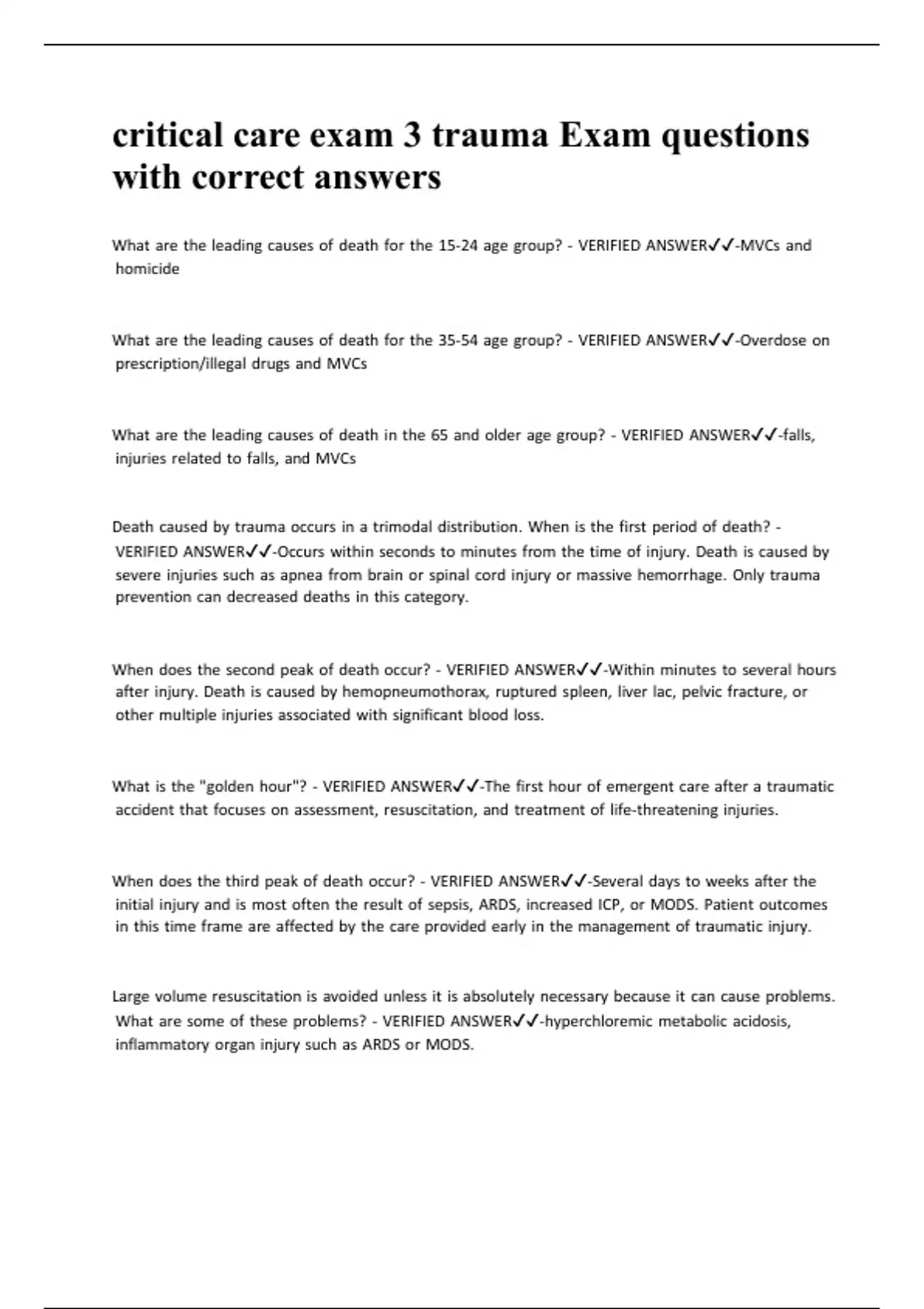 critical care exam 3 trauma Exam questions with correct answers ...