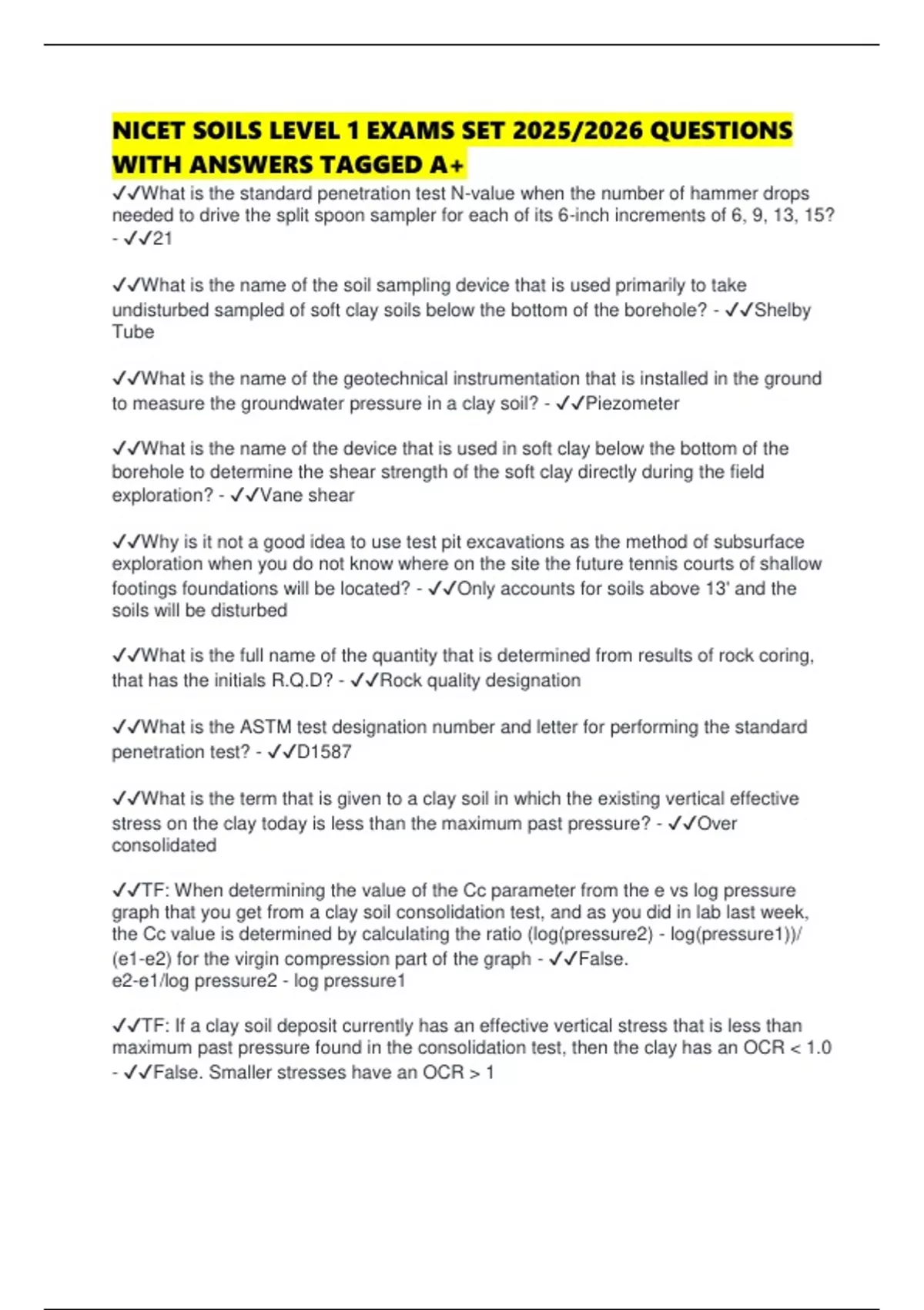 NICET SOILS LEVEL 1 EXAMS SET 2025/2026 QUESTIONS WITH ANSWERS TAGGED ...