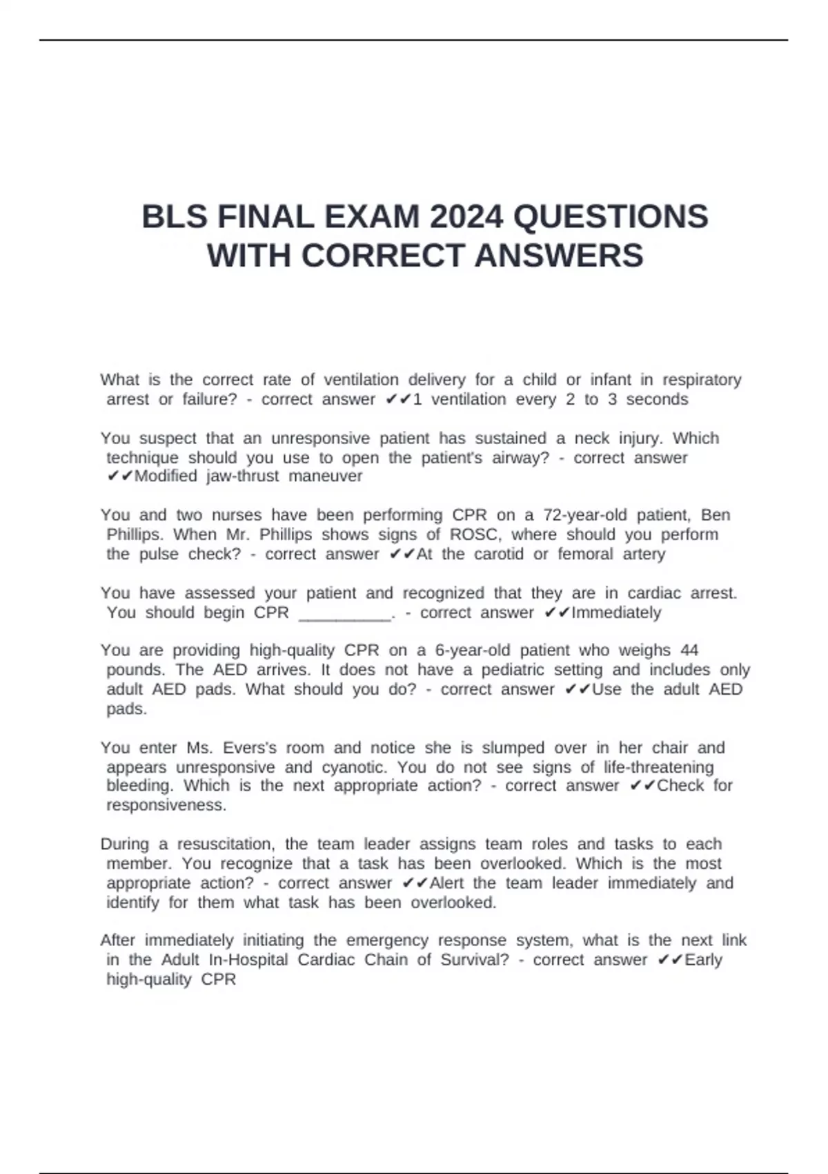 BLS FINAL EXAM 2024 QUESTIONS WITH CORRECT ANSWERS - Basic Life Support ...