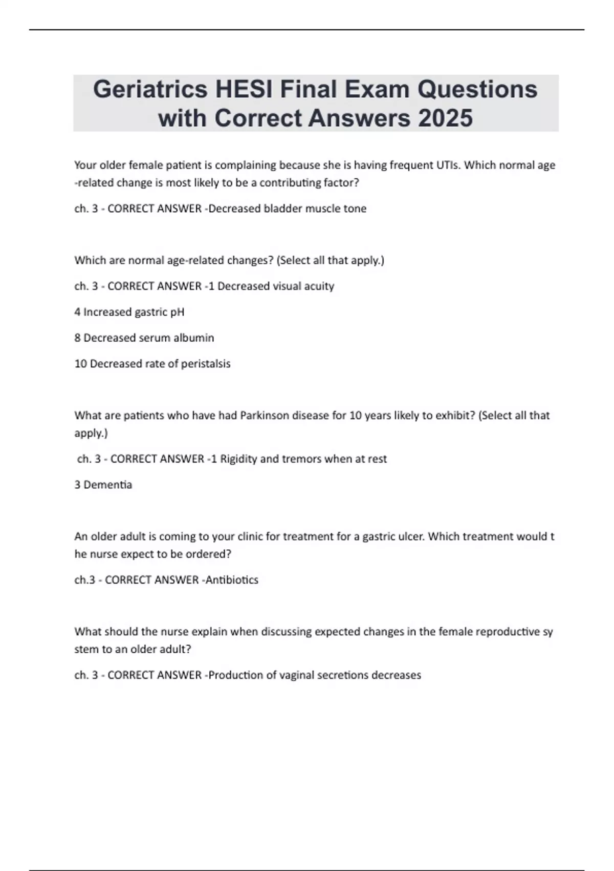Geriatrics HESI Final Exam Questions with Correct Answers 2025 ...