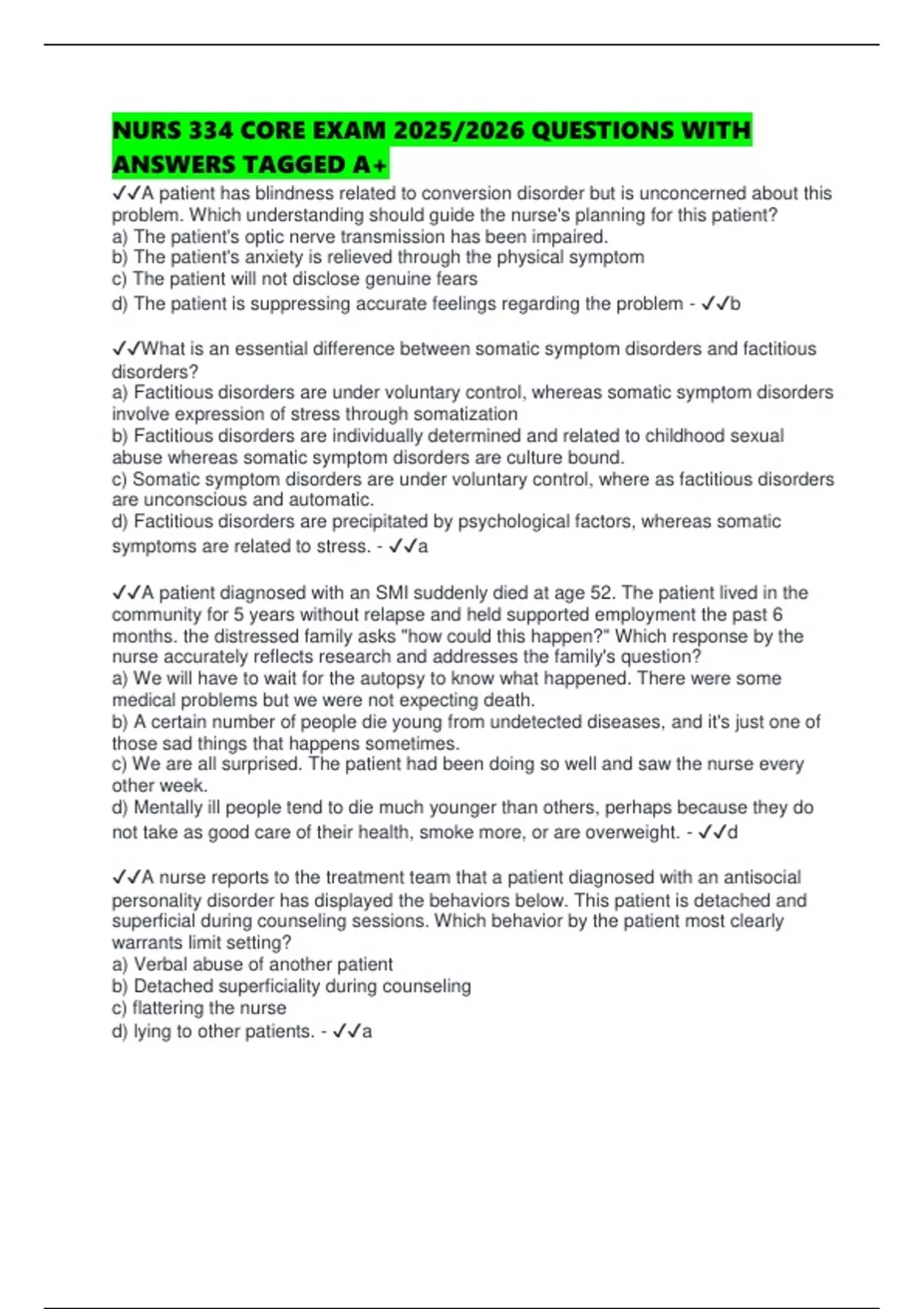 NURS 334 CORE EXAM 2025/2026 QUESTIONS WITH ANSWERS TAGGED A+ - NURS 334 - Stuvia US