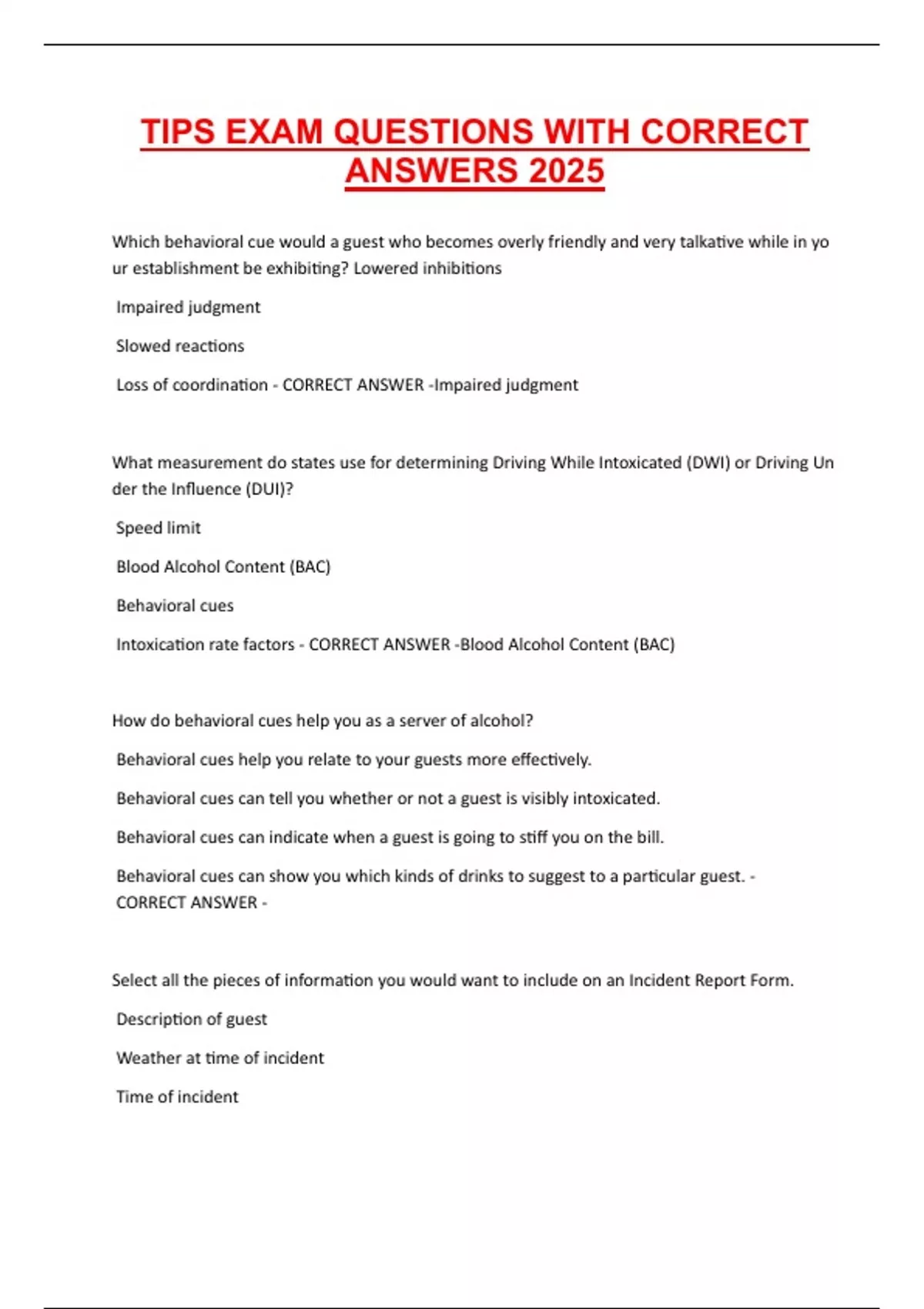 TIPS EXAM QUESTIONS WITH CORRECT ANSWERS 2025 - TIPS CERTIFICATION ...