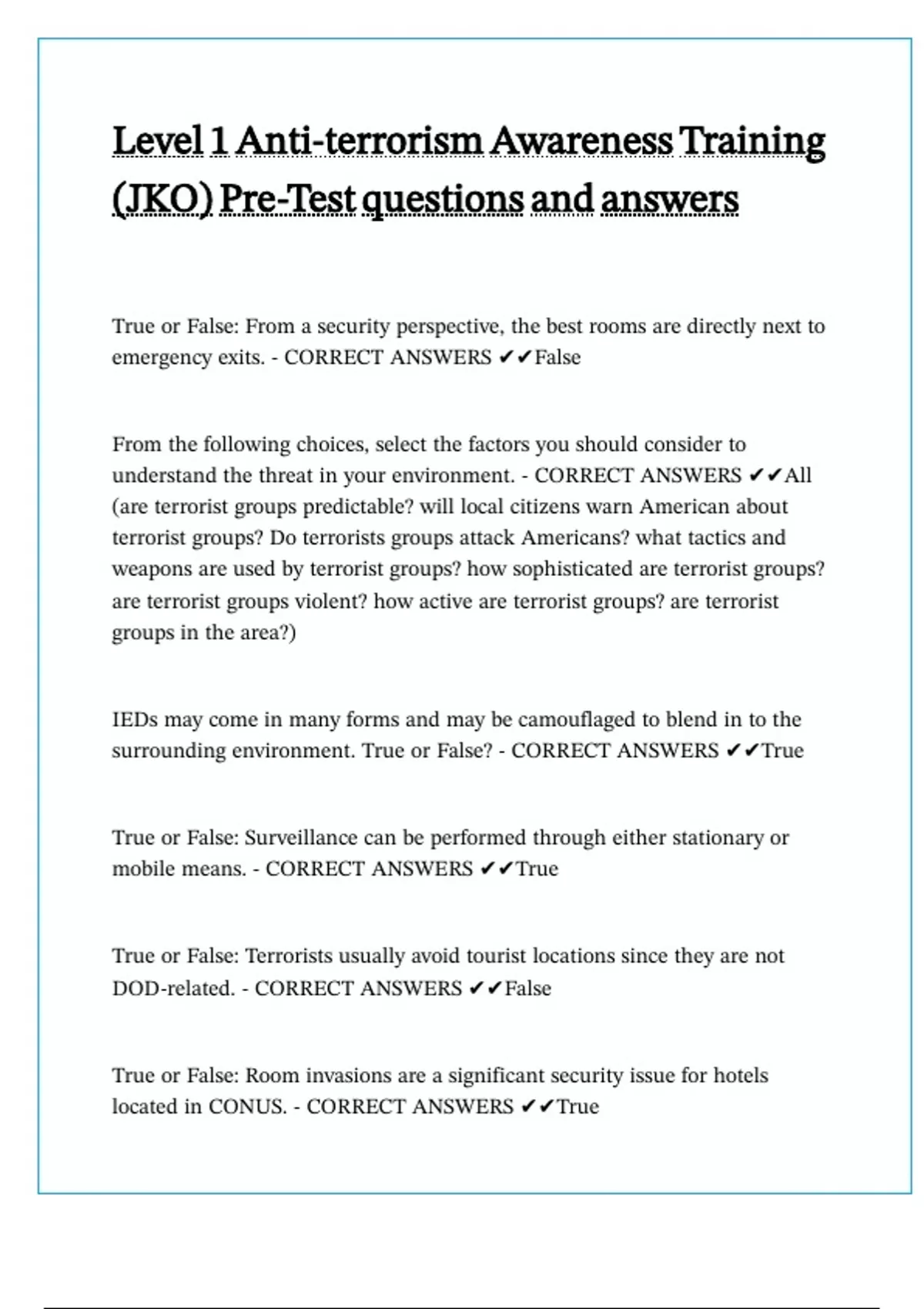 Level 1 Anti-terrorism Awareness Training (JKO) Pre-Test questions and ...