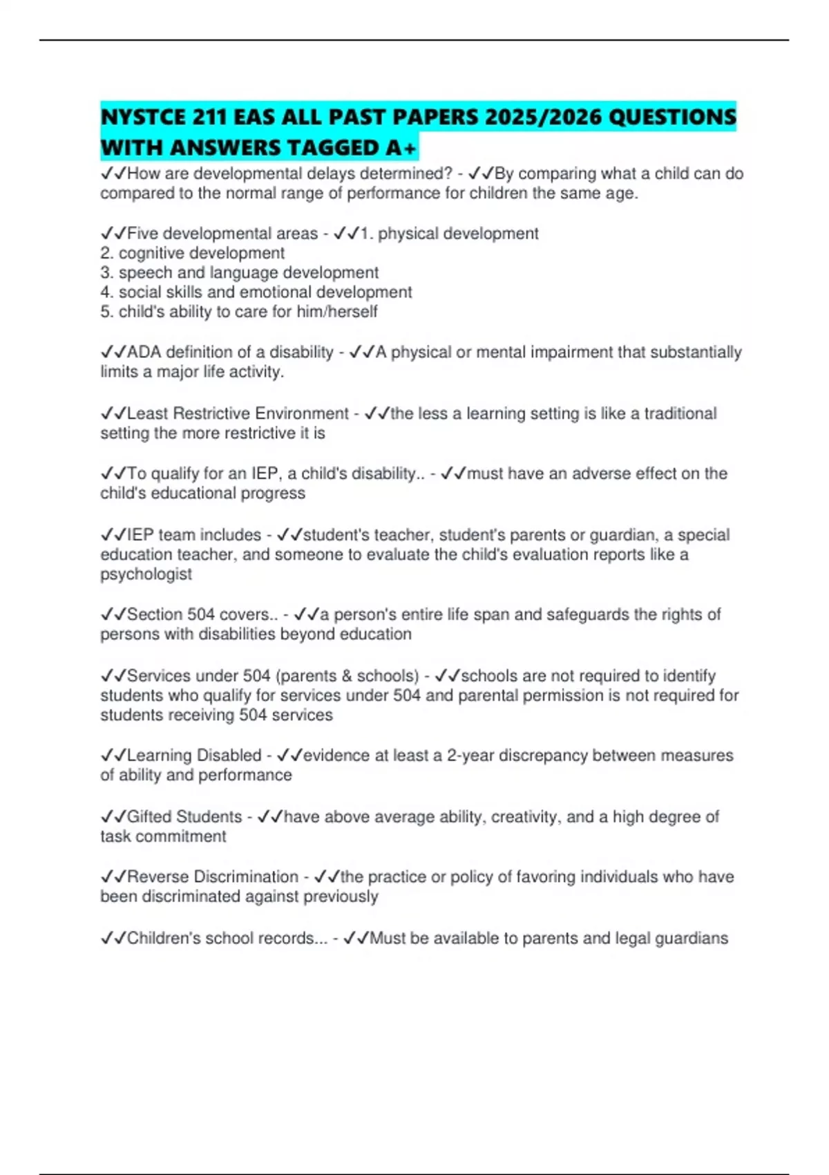 NYSTCE 211 EAS ALL PAST PAPERS 2025/2026 QUESTIONS WITH ANSWERS TAGGED ...