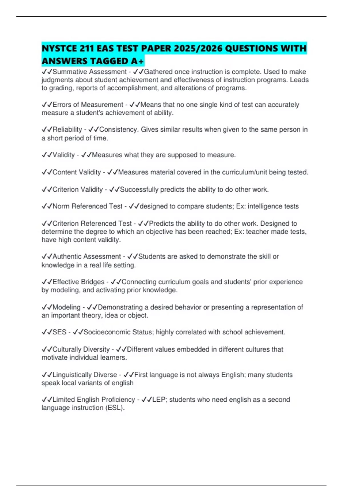 NYSTCE 211 EAS TEST PAPER 2025/2026 QUESTIONS WITH ANSWERS TAGGED A+ ...