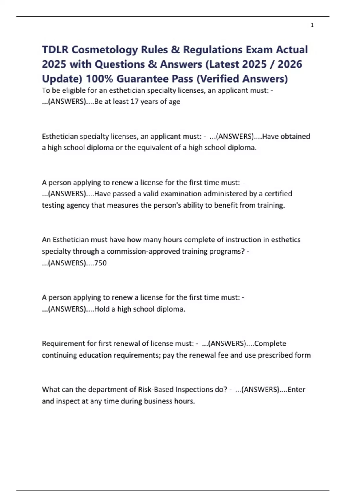 TDLR Cosmetology Rules & Regulations Exam Actual 2025 with Questions ...