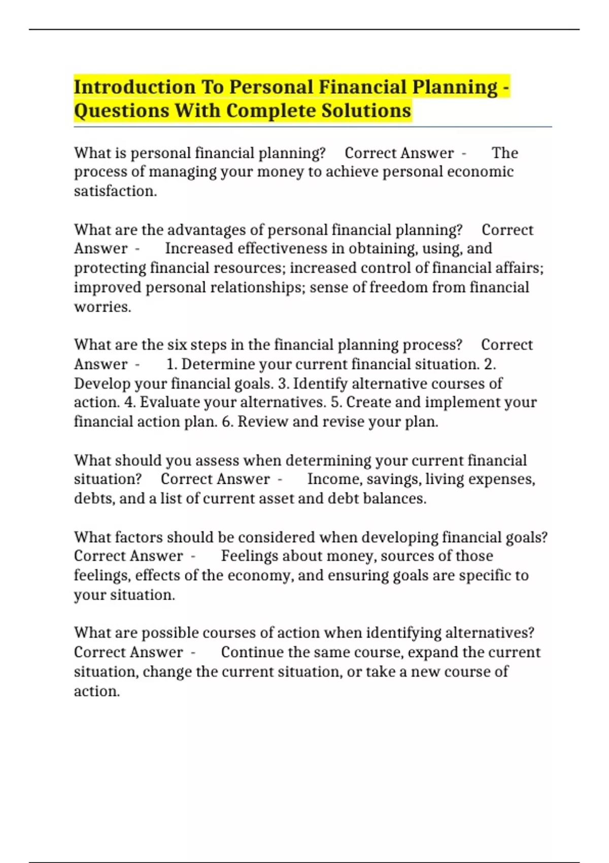 Introduction To Personal Financial Planning - Questions With Complete ...