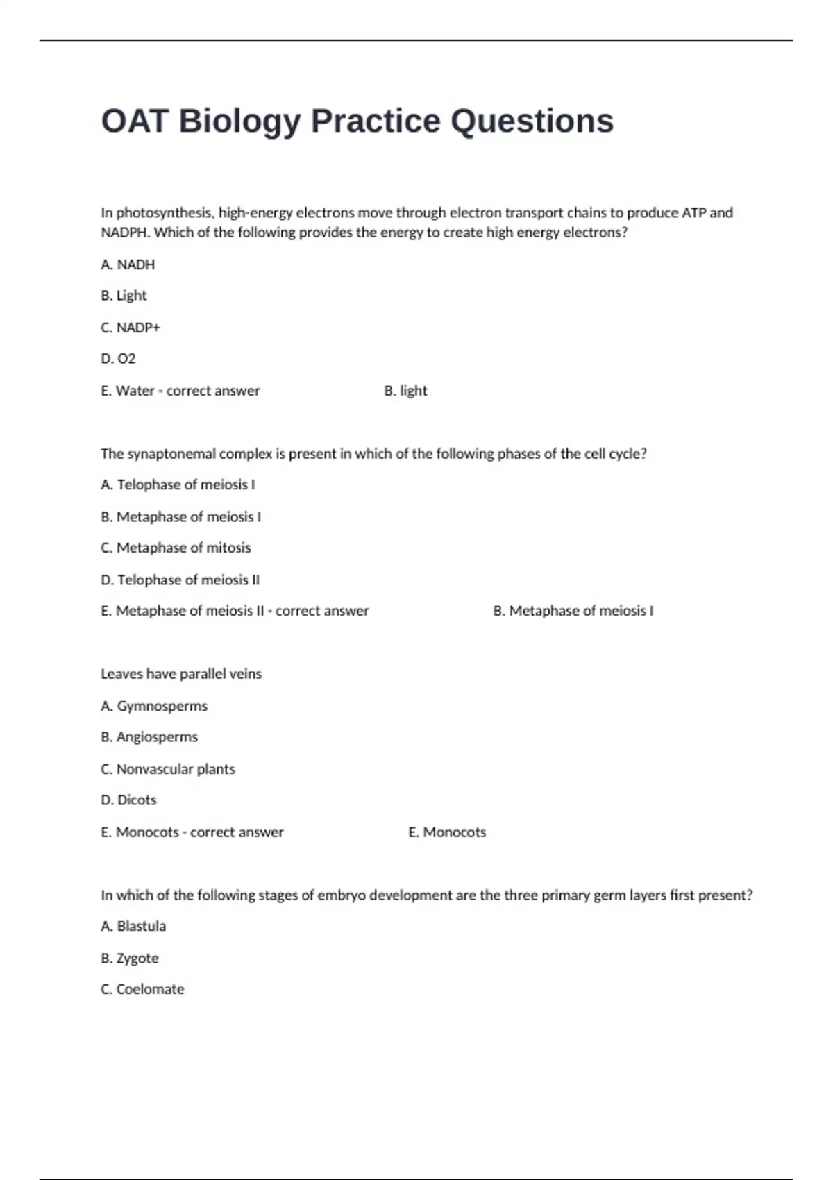 OAT Biology Practice Questions With 100% Correct Detailed Answers ...