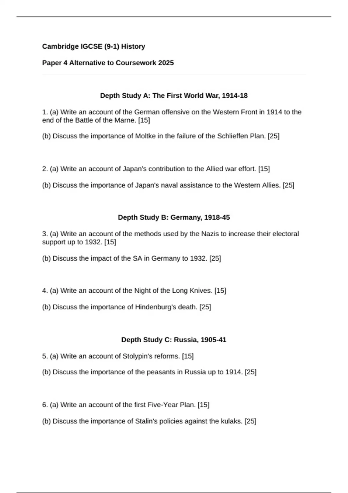2025 Cambridge IGCSE History Paper 4 - Question Paper Original ...