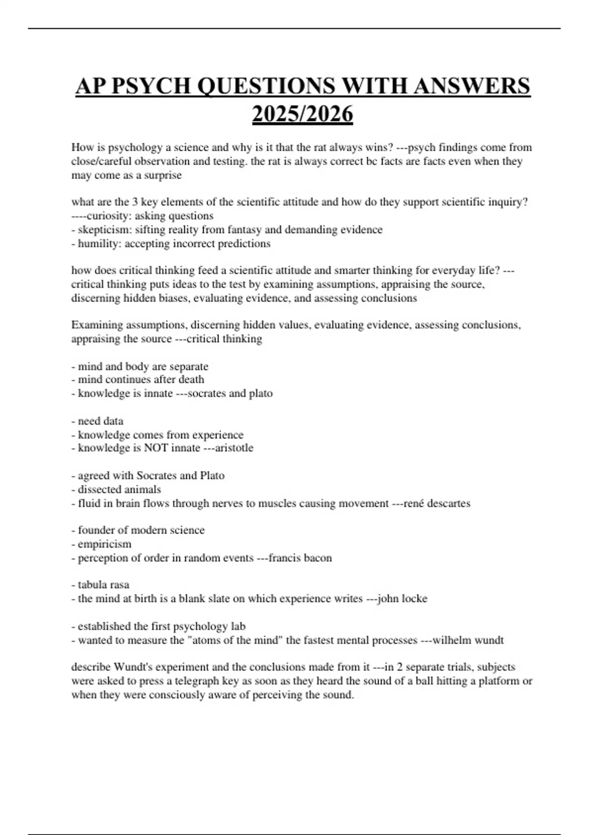 AP PSYCH QUESTIONS WITH ANSWERS 2025/2026 - AP PSYCH - Stuvia US