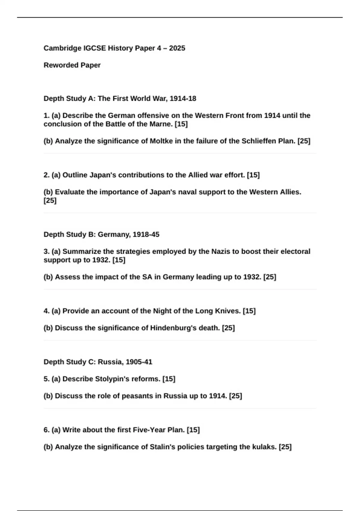 2025 Cambridge IGCSE History Paper 4 - reworded question paper ...