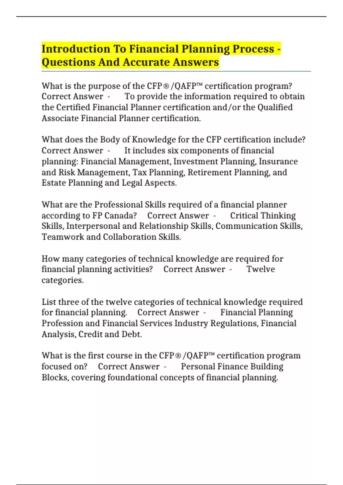 Introduction To Financial Planning Process - Questions And Accurate ...