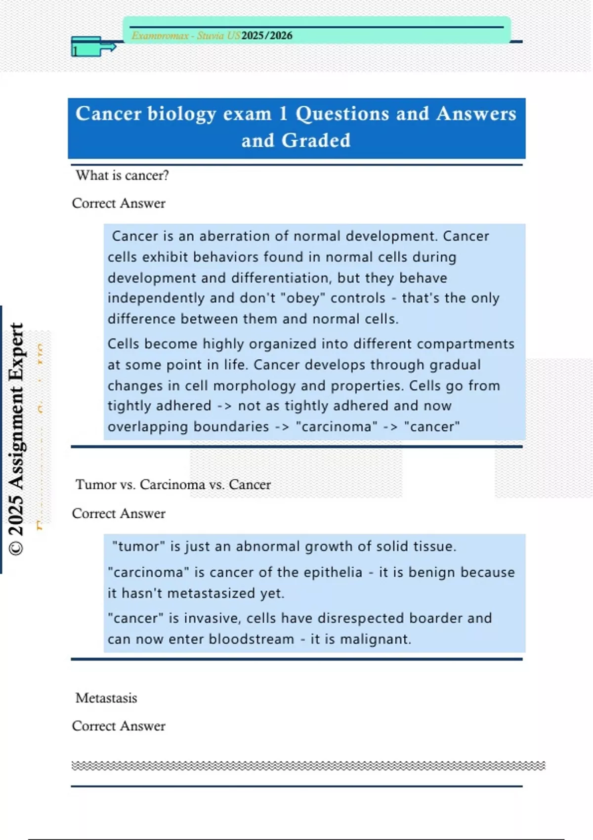Cancer biology exam 1 Questions and Answers and Graded - Cancer - Stuvia US