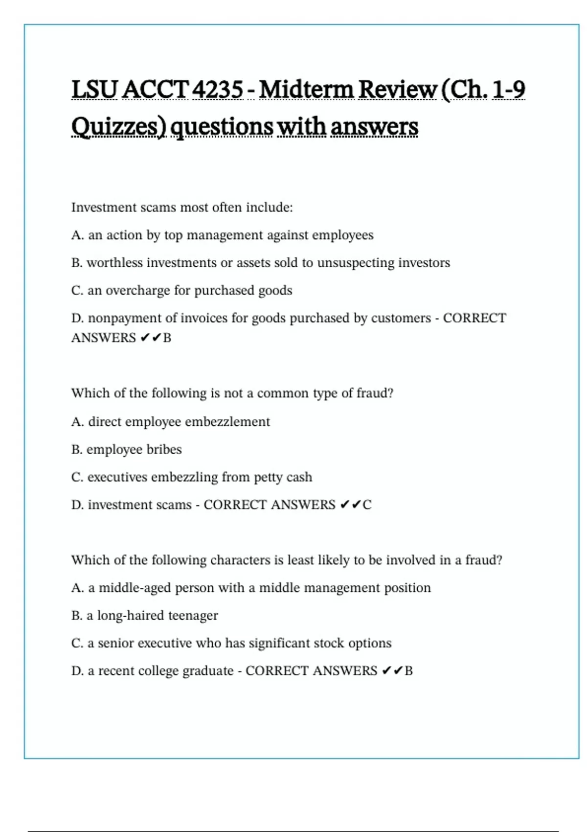 LSU ACCT 4235 - Midterm Review (Ch. 1-9 Quizzes) questions with answers ...