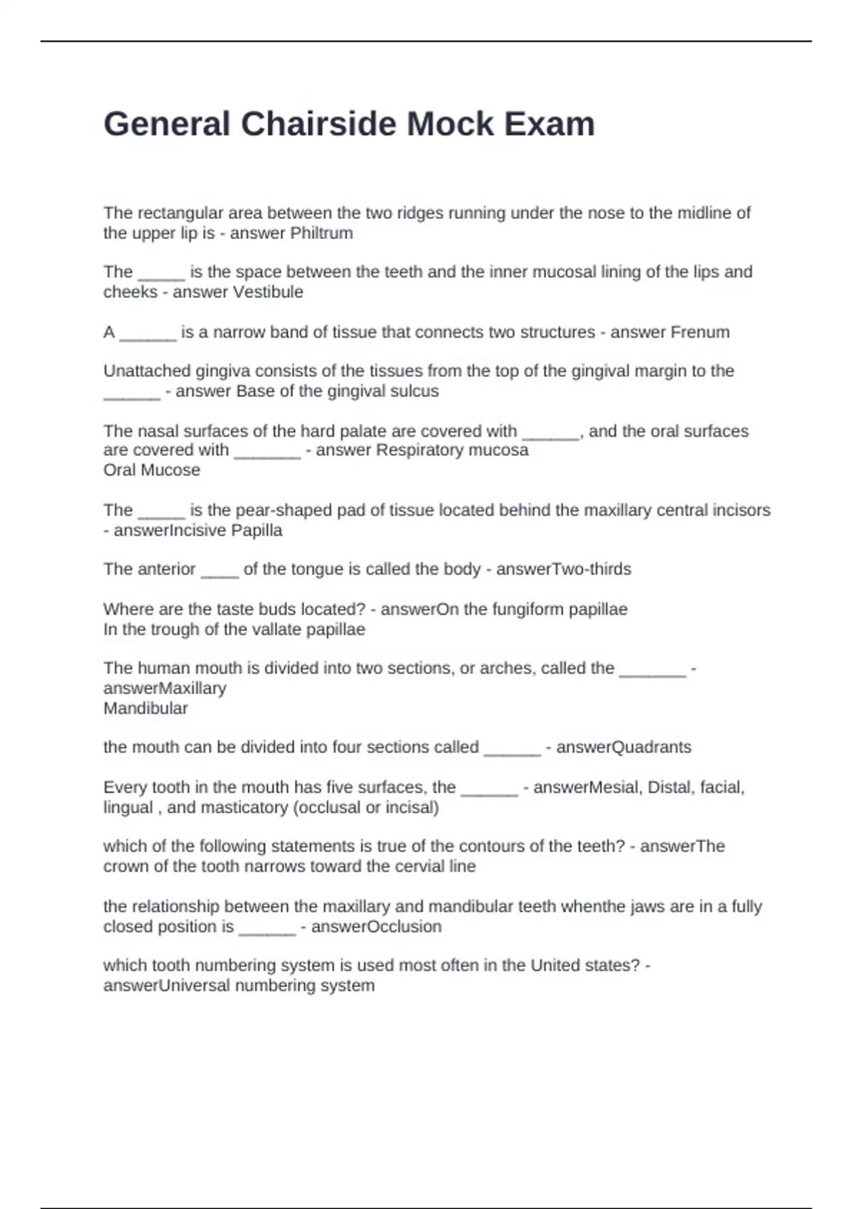 General Chairside Mock Exam Questions and Answers 100% Correct - DANB ...