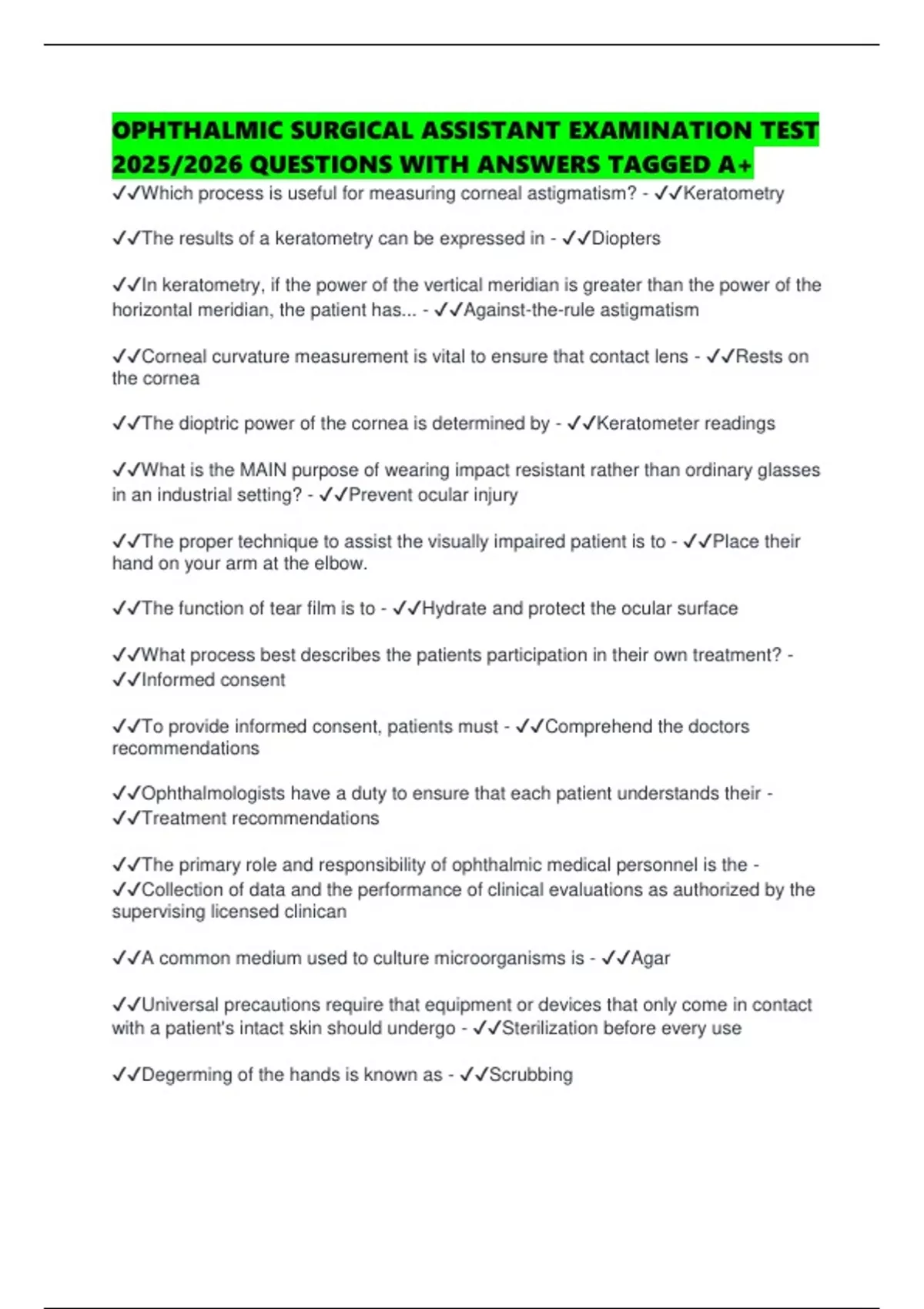 OPHTHALMIC SURGICAL ASSISTANT EXAMINATION TEST 2025/2026 QUESTIONS WITH ...