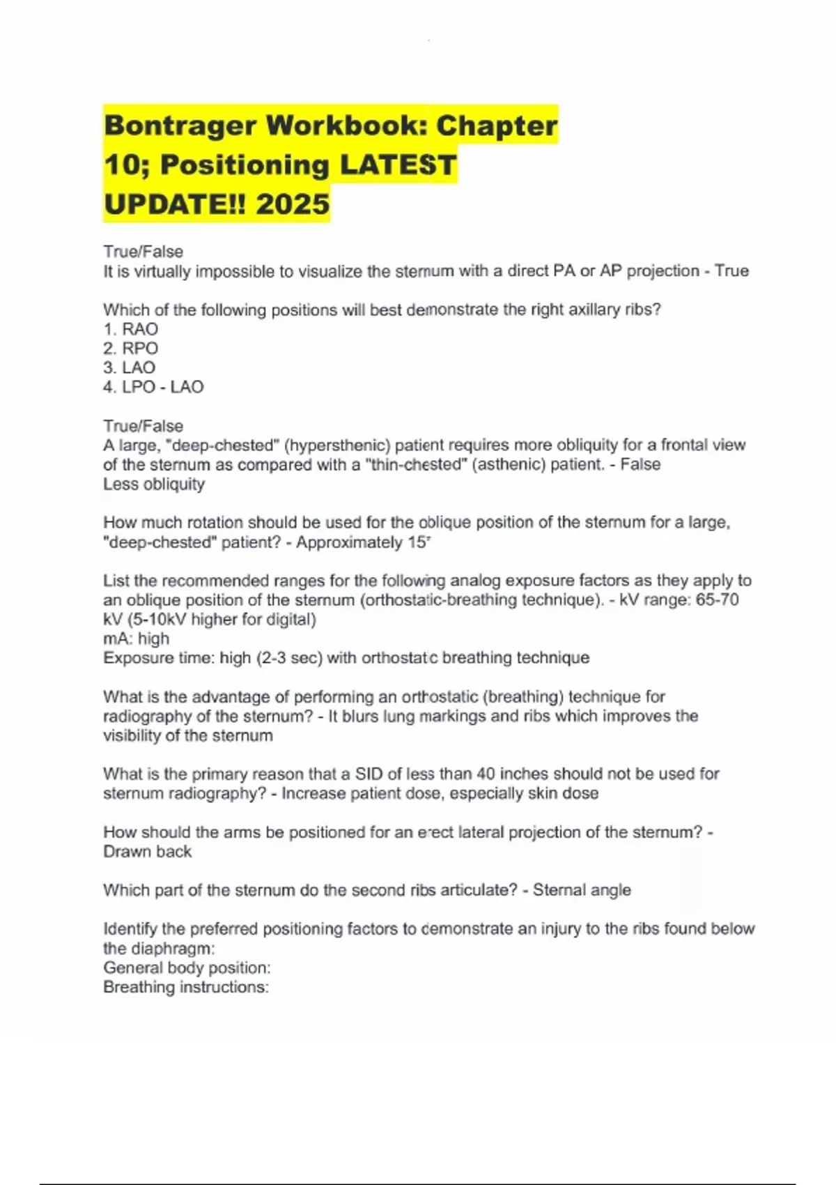 Bontrager Workbook- Chapter 10- Positioning LATEST UPDATE!! 2025 ...
