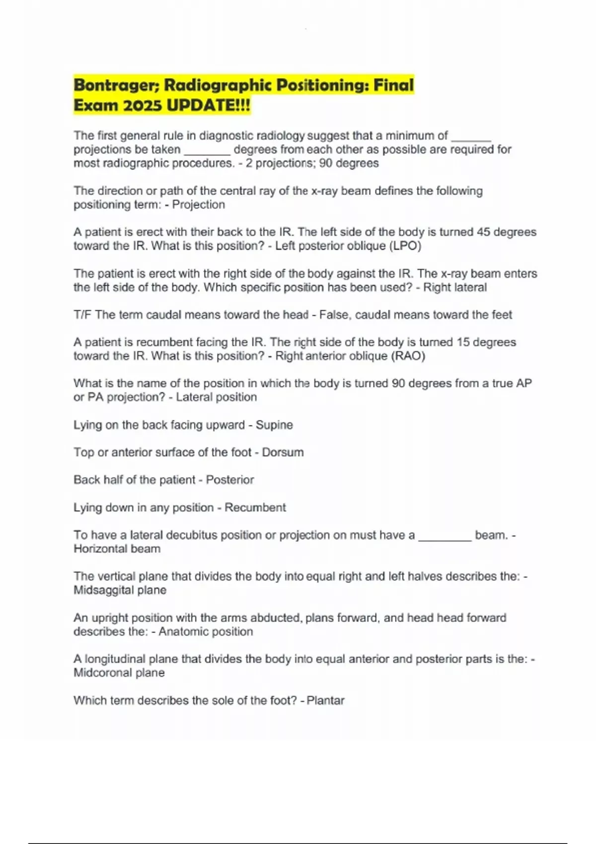 Bontrager; Radiographic Positioning- Final Exam 2025 UPDATE!!! - Chest ...