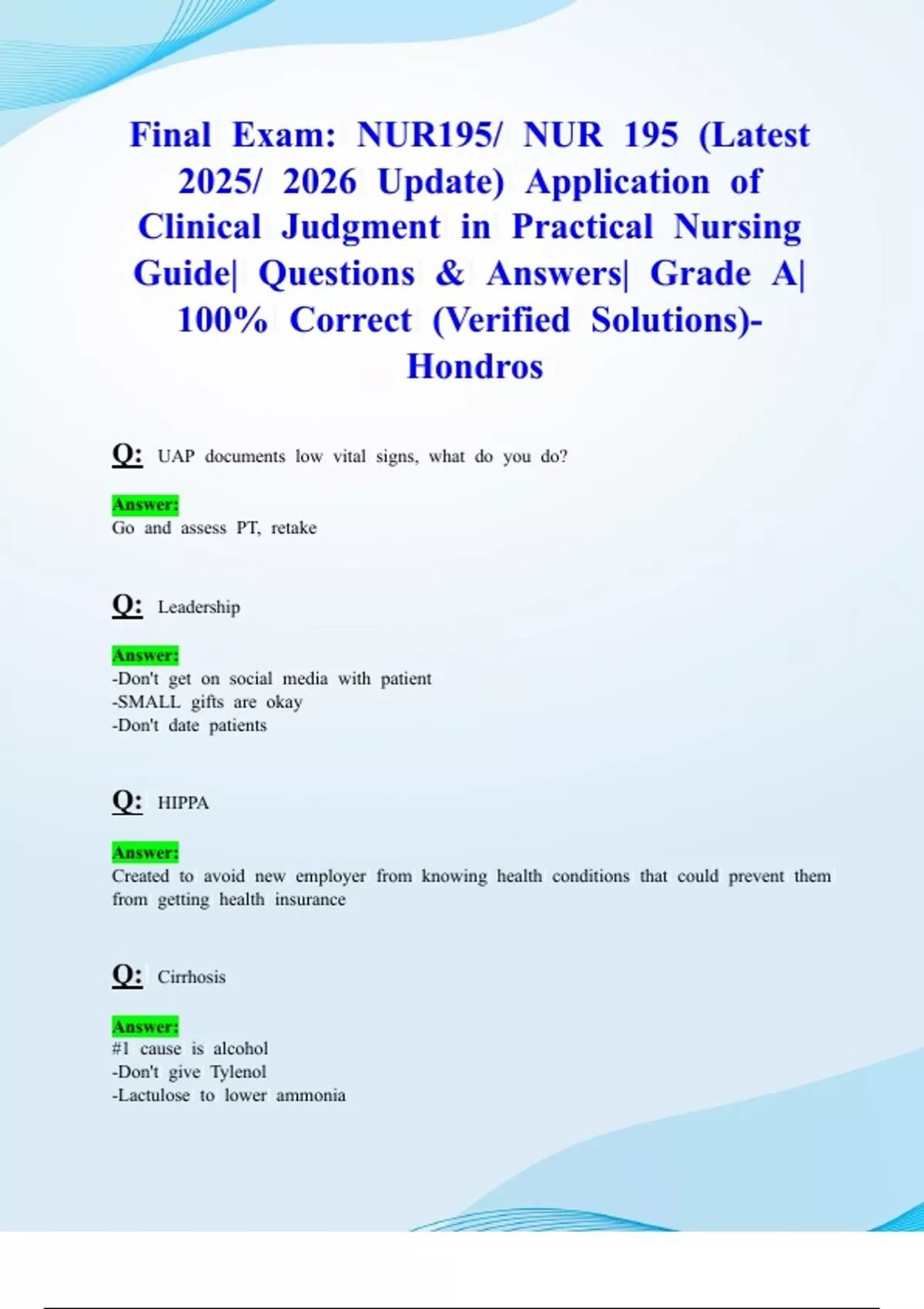 Final Exam: NUR195/ NUR 195 (Latest 2025/ 2026 Update) Application of ...