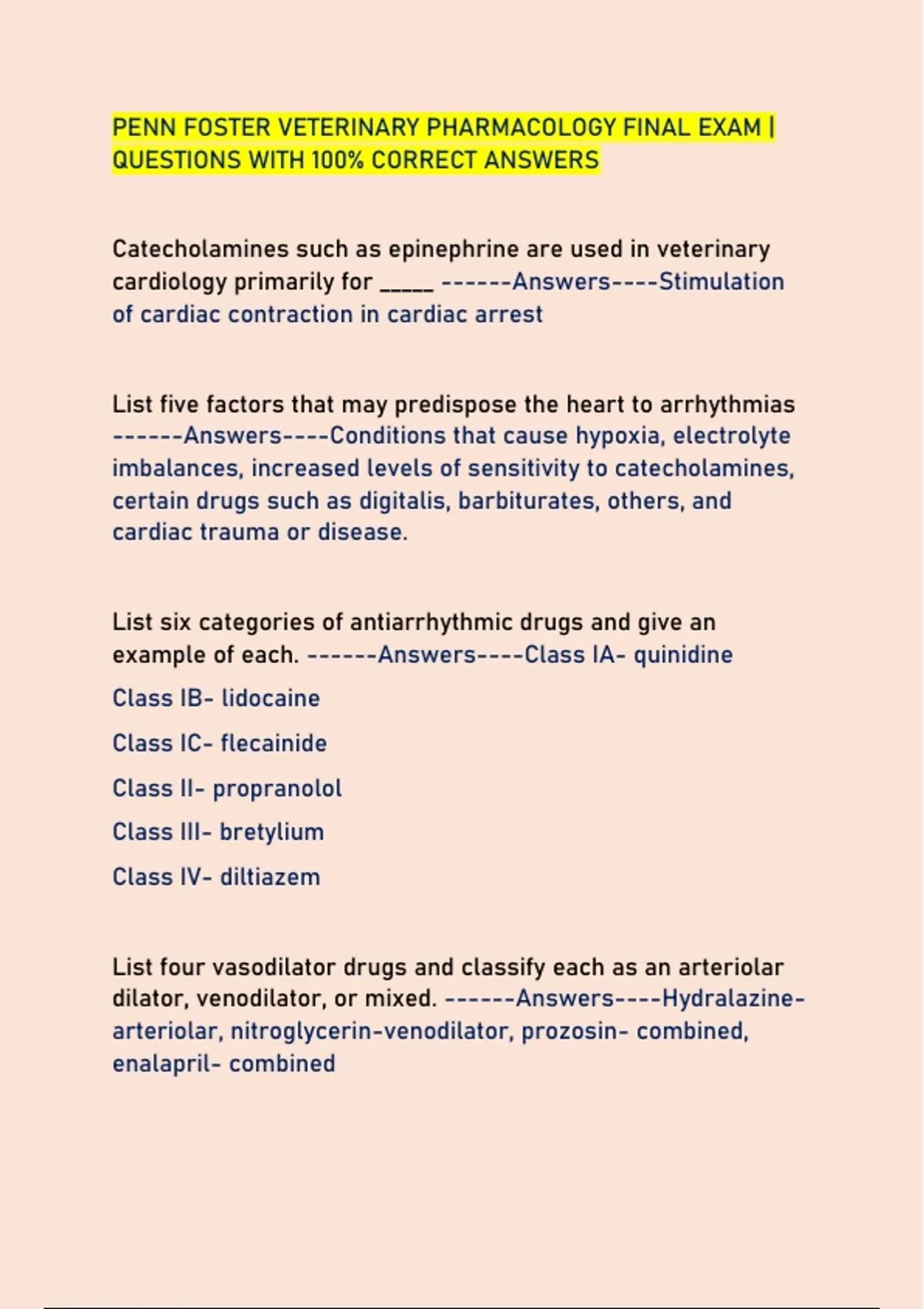 PENN FOSTER VETERINARY PHARMACOLOGY FINAL EXAM | QUESTIONS WITH 100% ...