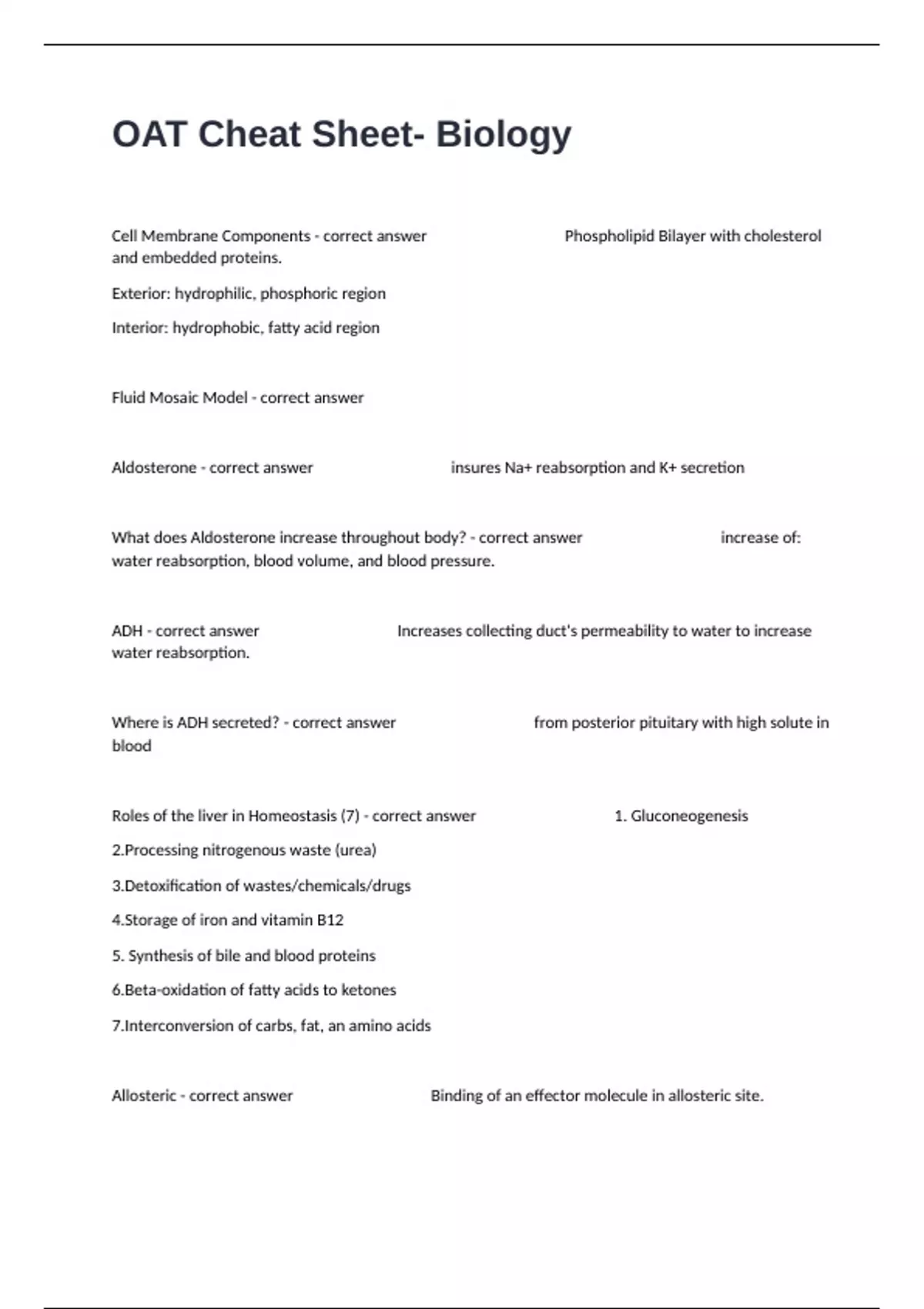 OAT Cheat Sheet- Biology Practice Exam With Correct Answers 100% ...