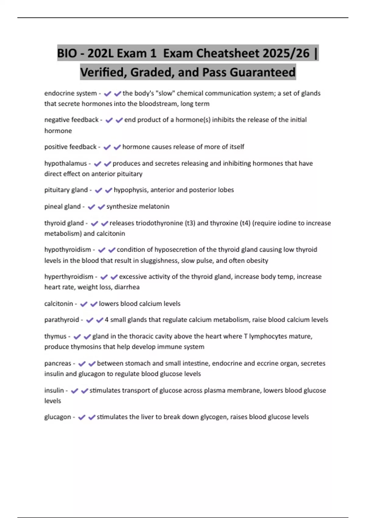 BIO - 202L Exam 1 Exam Cheatsheet 2025/26 | Verified, Graded, and Pass ...